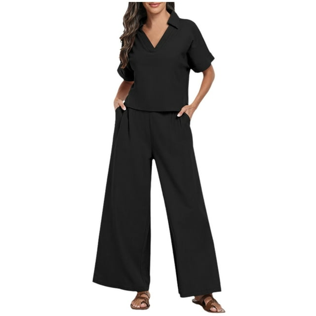 Pant Suits For Women Women Summer V Neck Loose Short Sleeve Top Shirt With Pants Casual Large