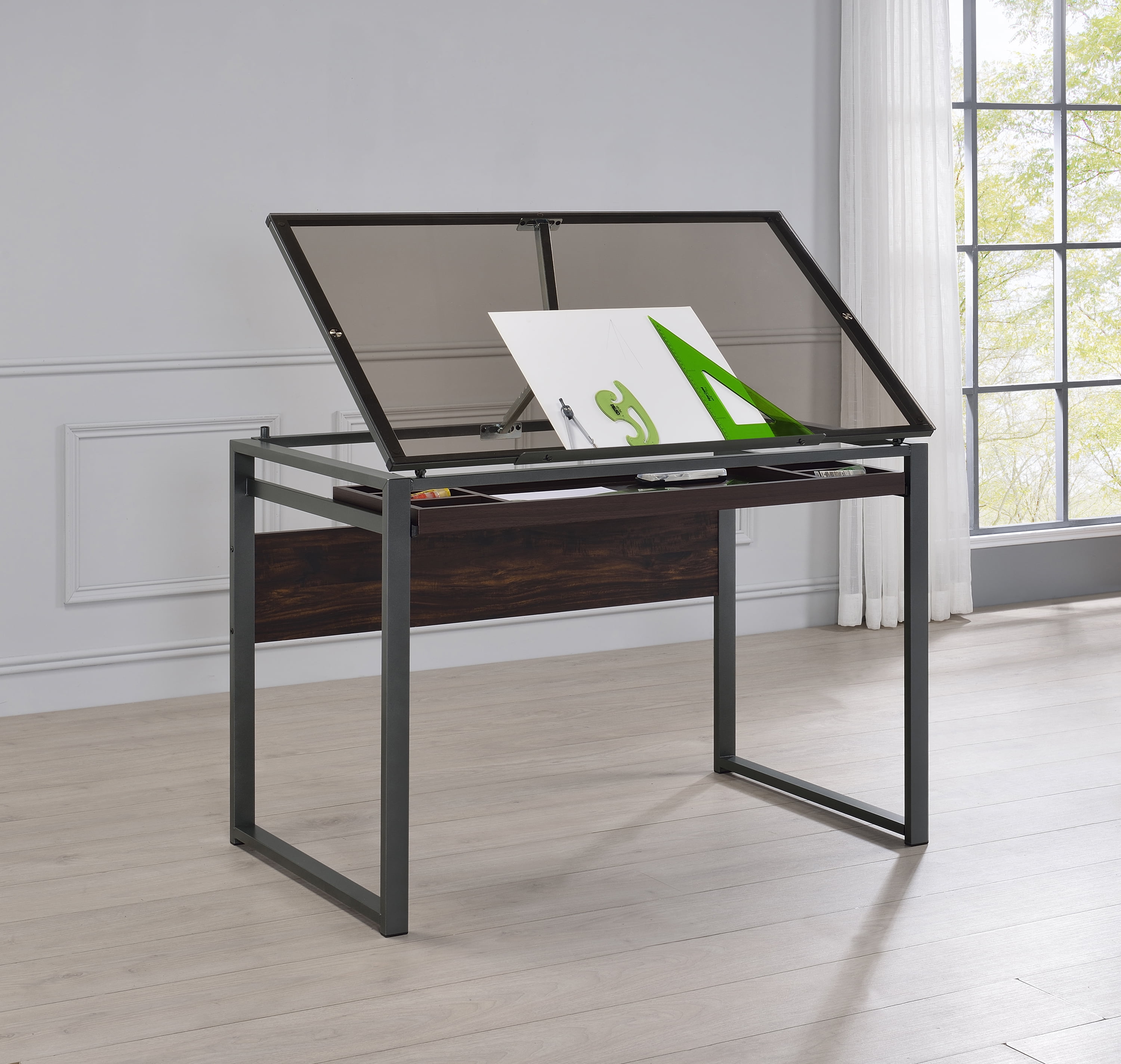 Pantano Glass Top Drafting Desk Dark Gunmetal and Chestnut - Walmart.com