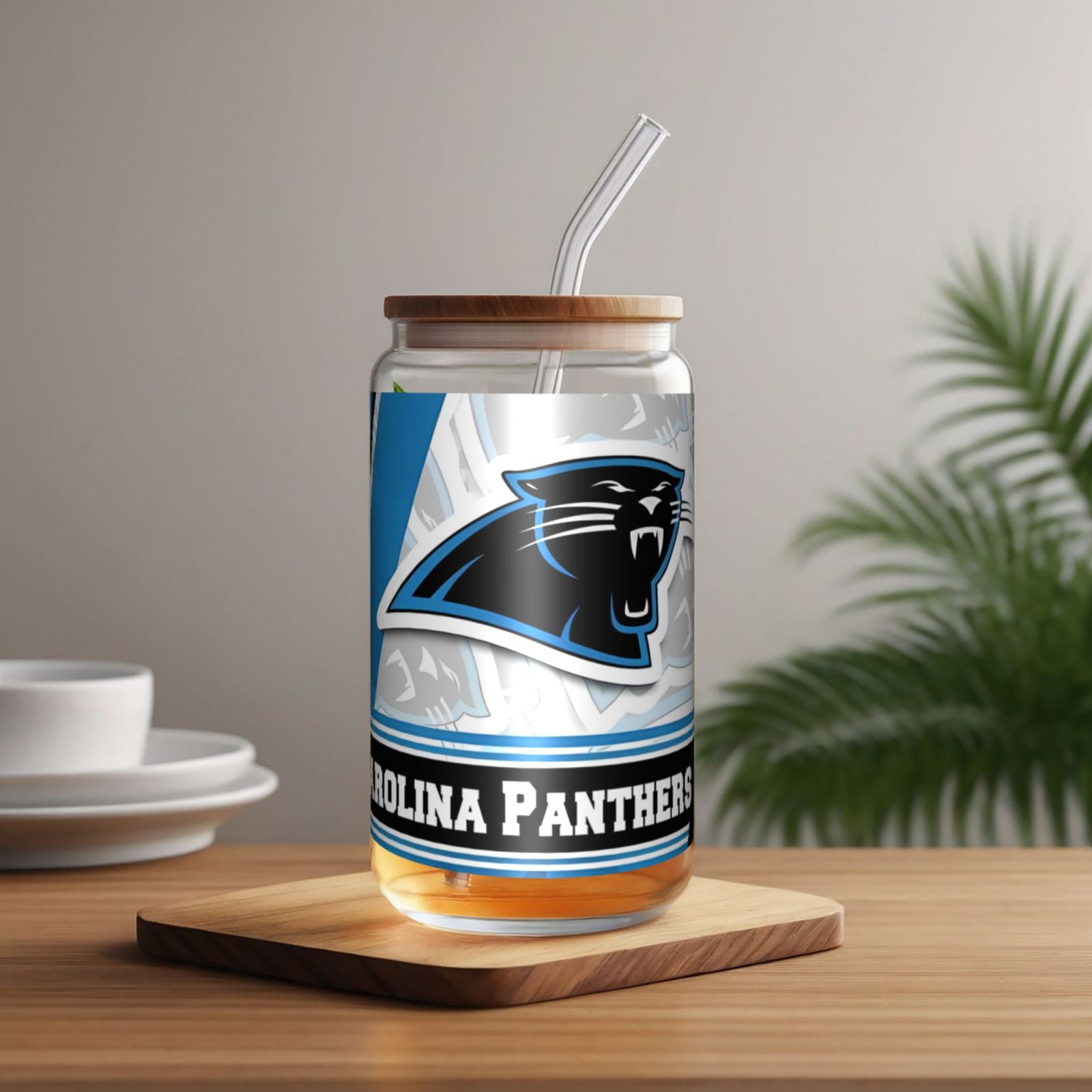 Panthers 16OZ Bamboo Lid Straw Glass Cup Suitable for hot and cold ...