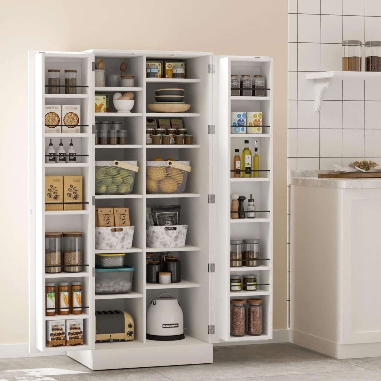 Pantry Cabinet, 59" Tall White Kitchen Storage Cabinet with 2 Doors and ...