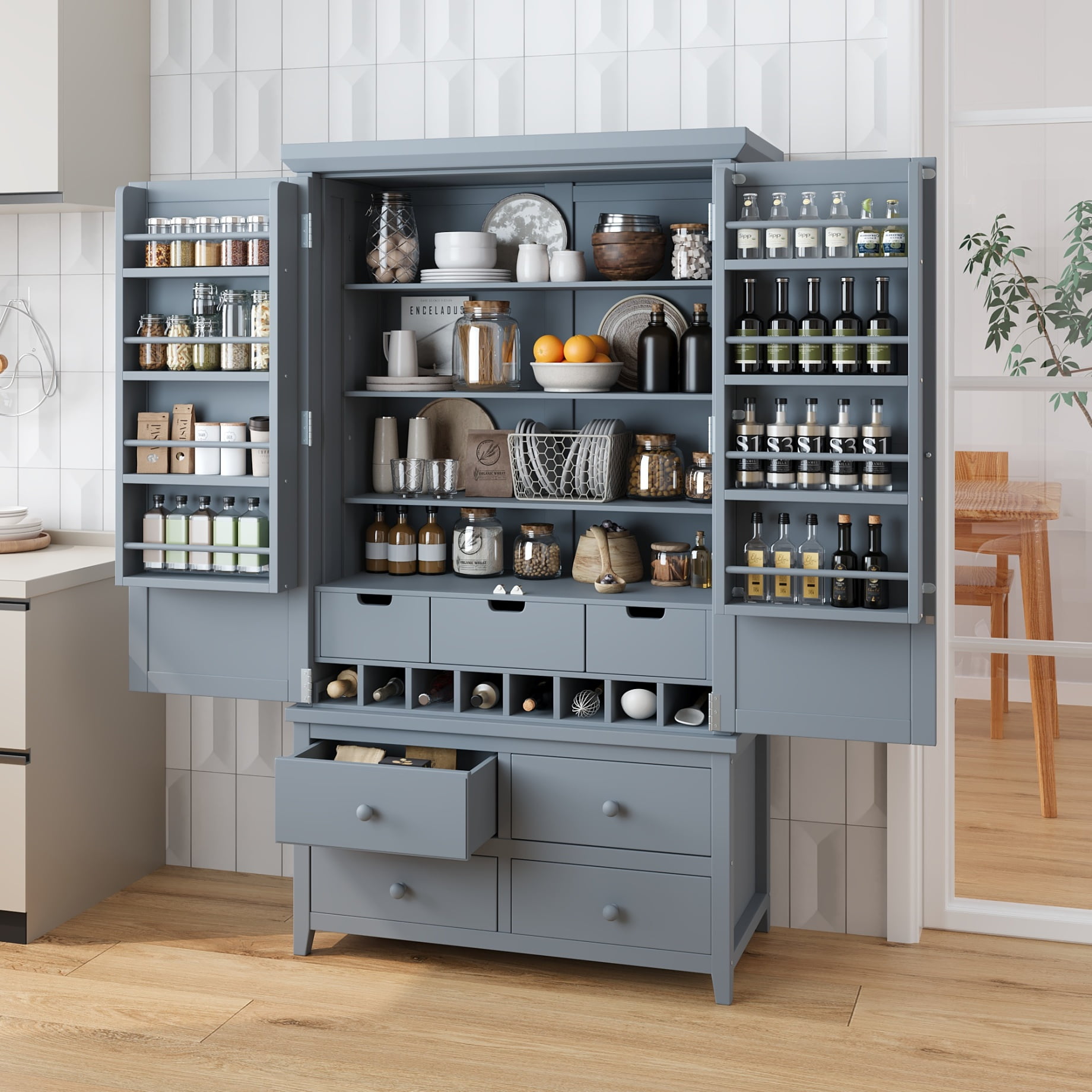 Pantry Cabinet, Freestanding Large Kitchen Pantry Wooden Kitchen ...