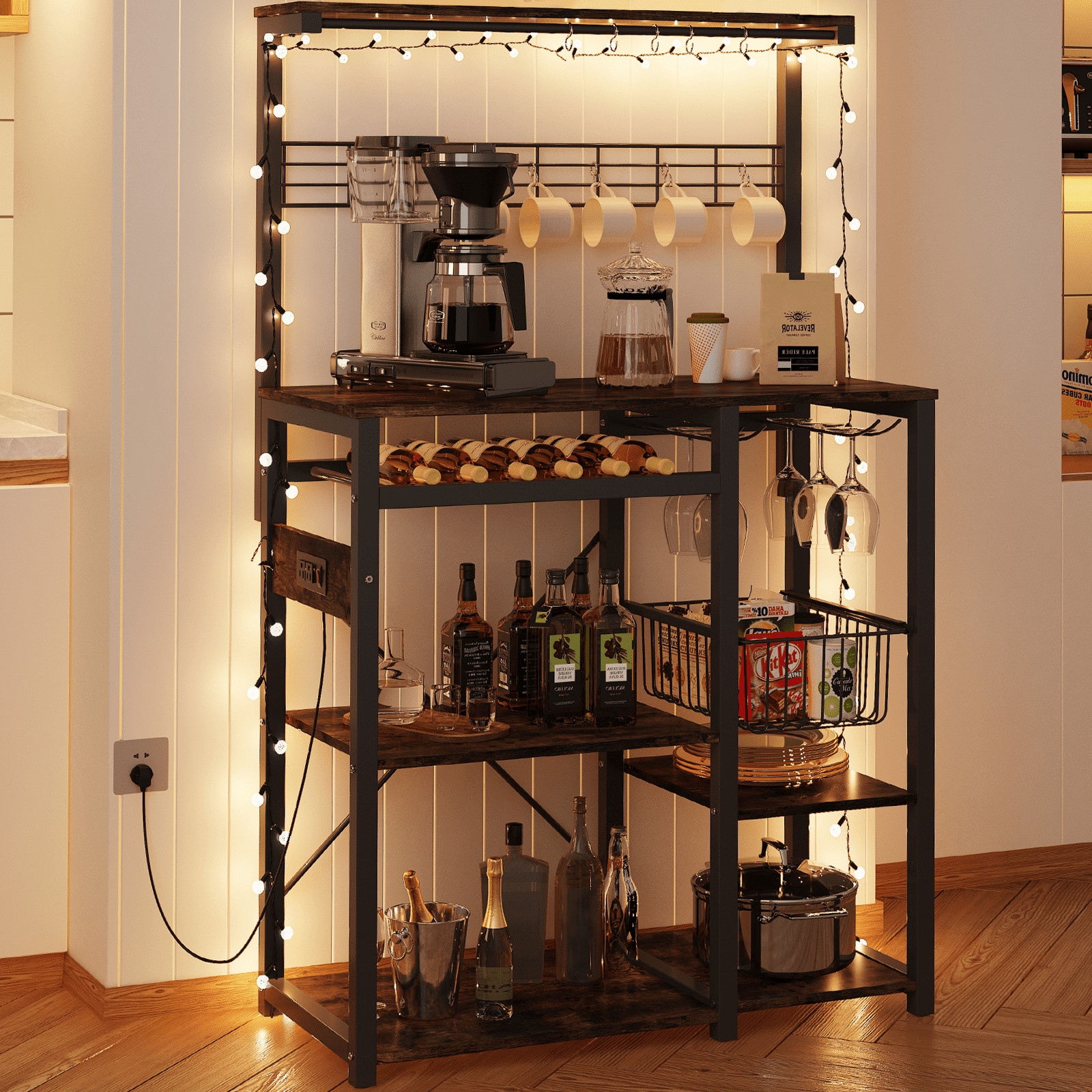 Behost Pantry Cart & Coffee Bar Station with Storage, Vintage Brown ...