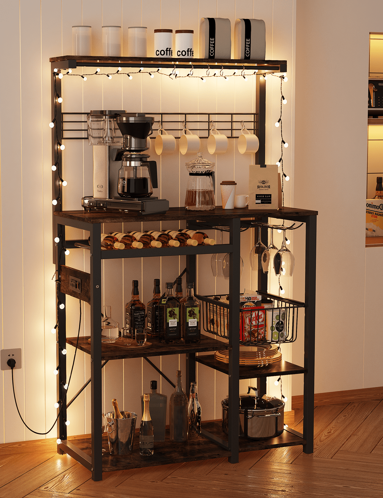 Behost Pantry Cart & Coffee Bar Station with Storage, Vintage Brown ...