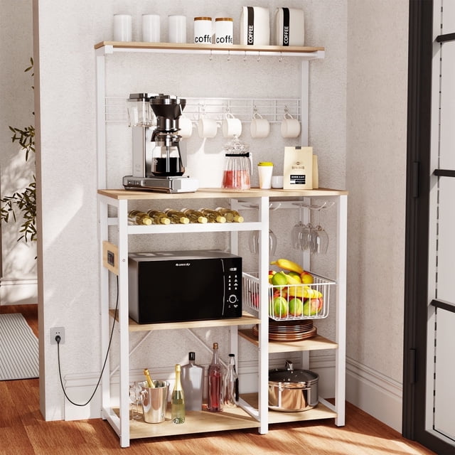 Behost White Baker Rack, Pantry Cart & Coffee Bar Station Microwave ...