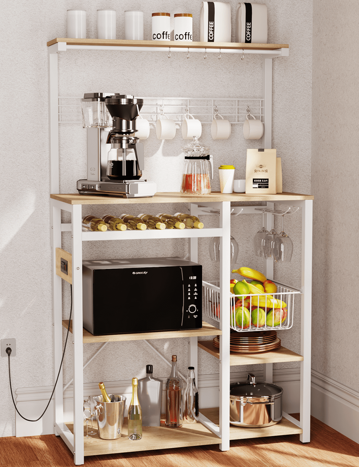 Behost White Baker Rack, Pantry Cart & Coffee Bar Station Microwave ...