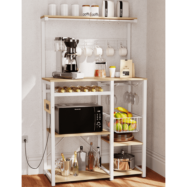 Behost White Baker Rack, Pantry Cart & Coffee Bar Station Microwave ...