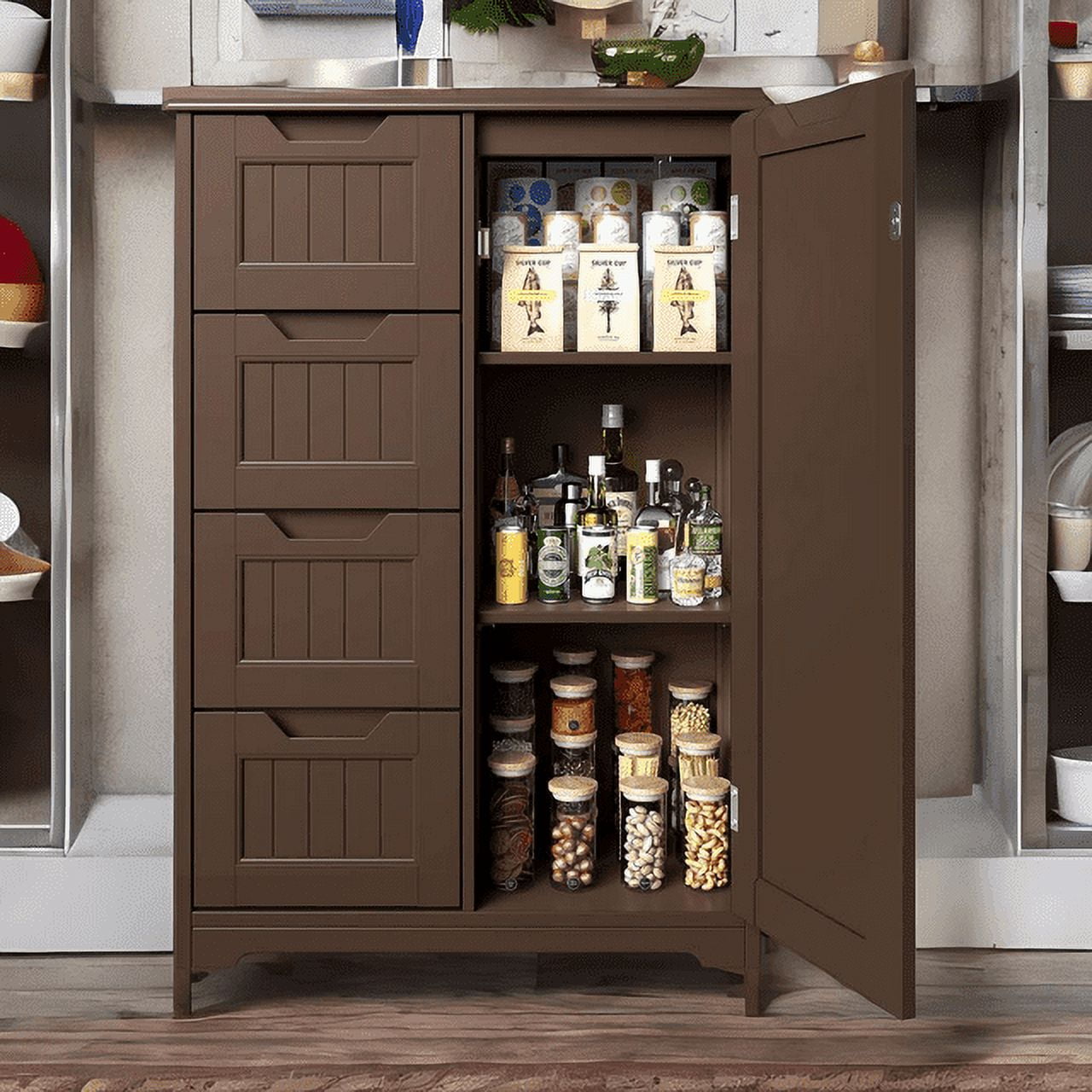 Lofka 33" Brown Kitchen Pantry Cabinet with 4 Drawers, 1 Door, and ...