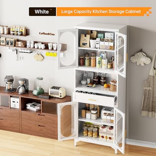 Pantry Storage Cabinet with 4 Glass Doors, Adjustable Kitchen Storage ...