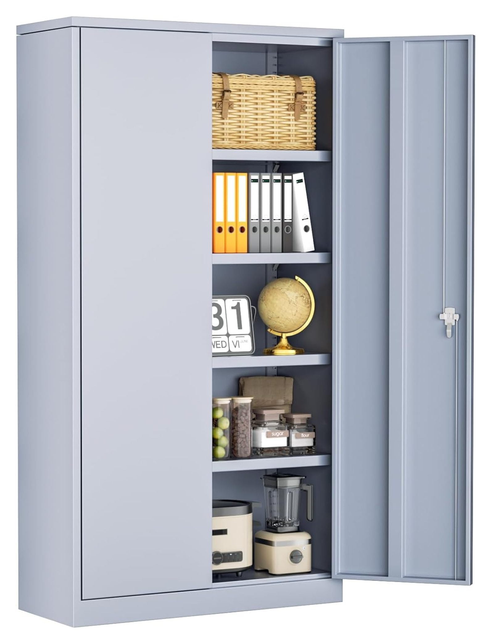 Pantry Storage Cabinet with Lock, 2 Doors Metal Storage Cabinets with 4 ...