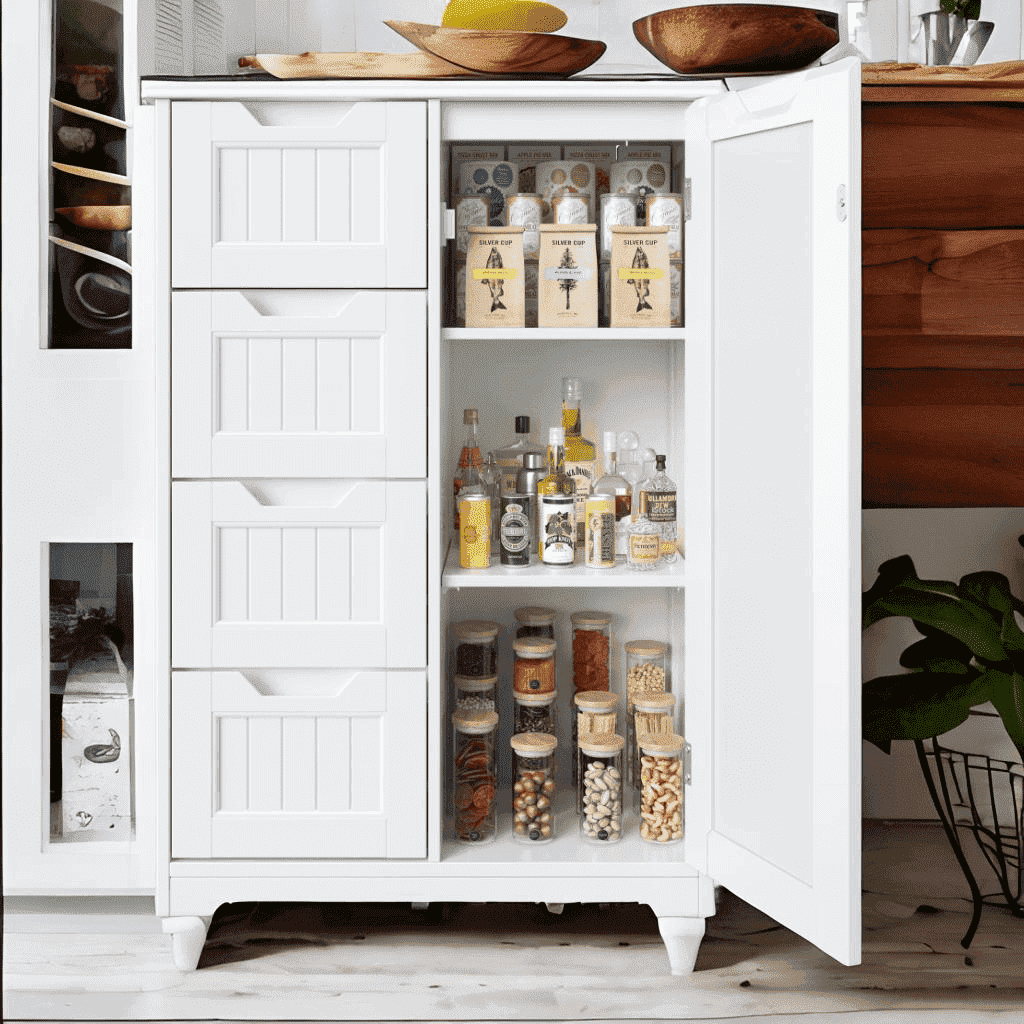 "Lofka 33"" White Wood Pantry Storage Cabinet, 4 Drawers, 1 Door, 3 ...