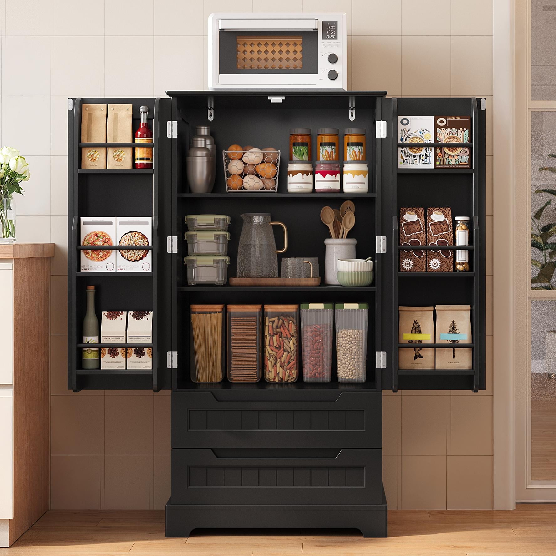 Pantry Storage Cabinet with 2 Drawers，Asofer 47" Kitchen Small Food ...