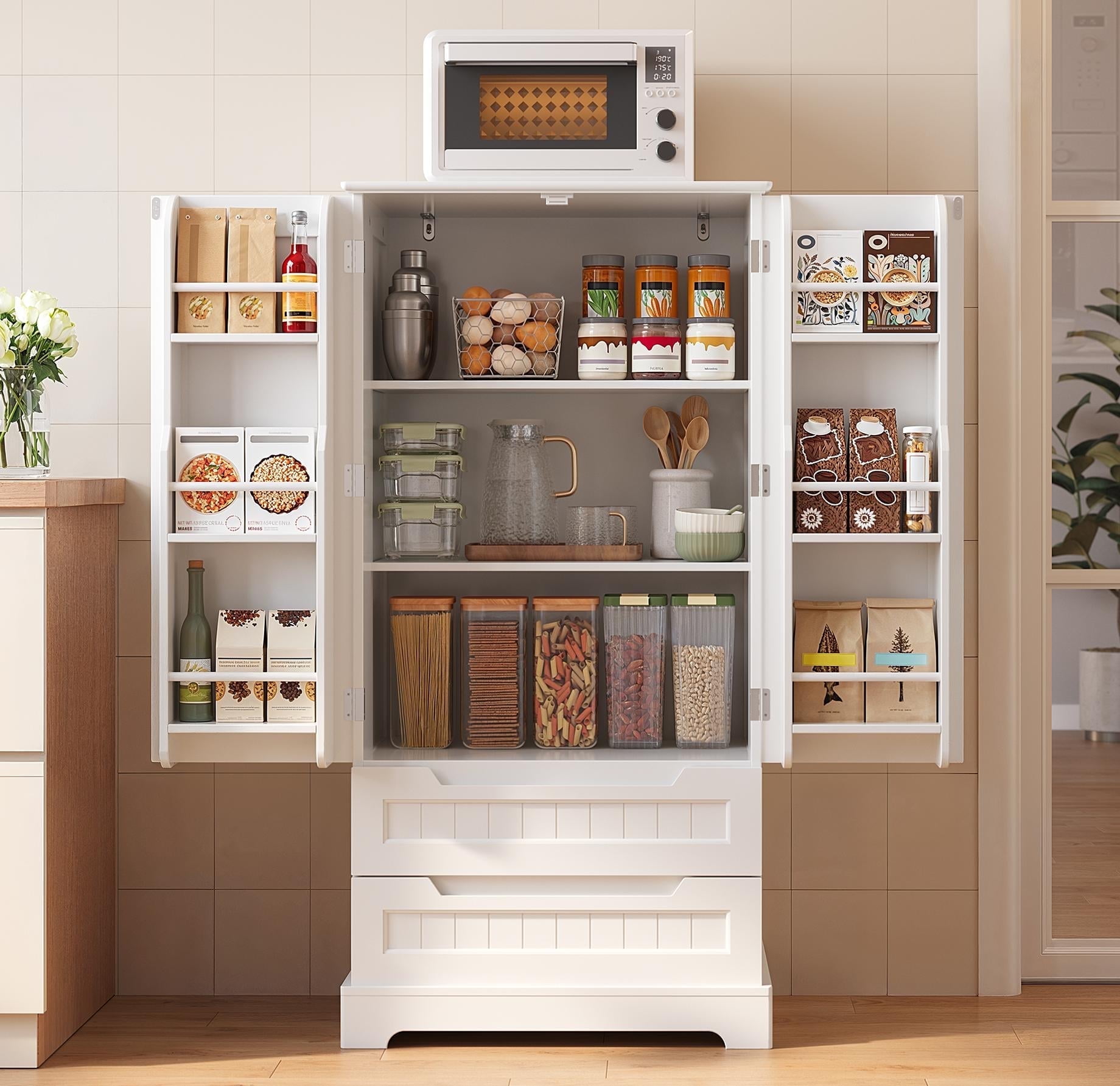 Pantry Storage Cabinet with 2 Drawers，Asofer 47" Kitchen Small Food ...