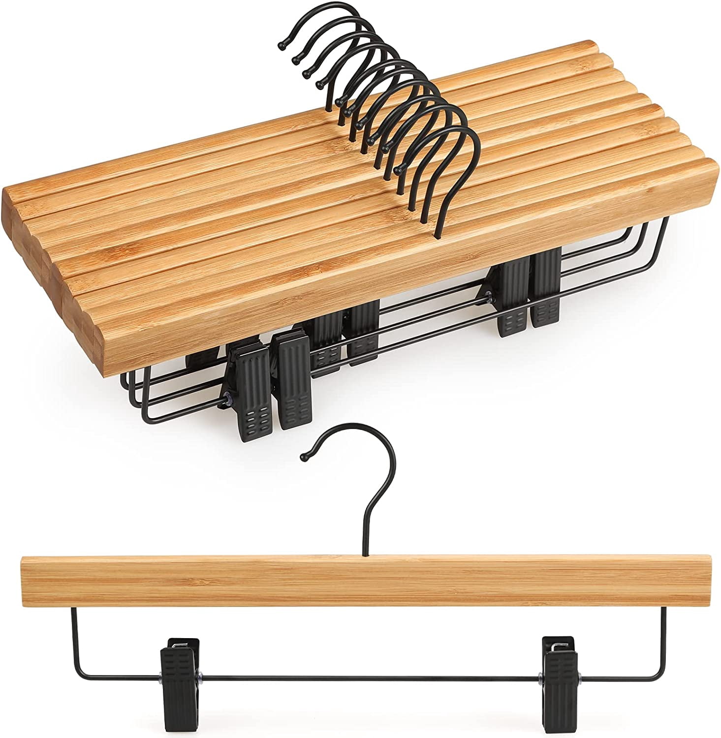 Pants Hangers 10 Pack, Bamboo Clothes Hangers with Black Clips and ...