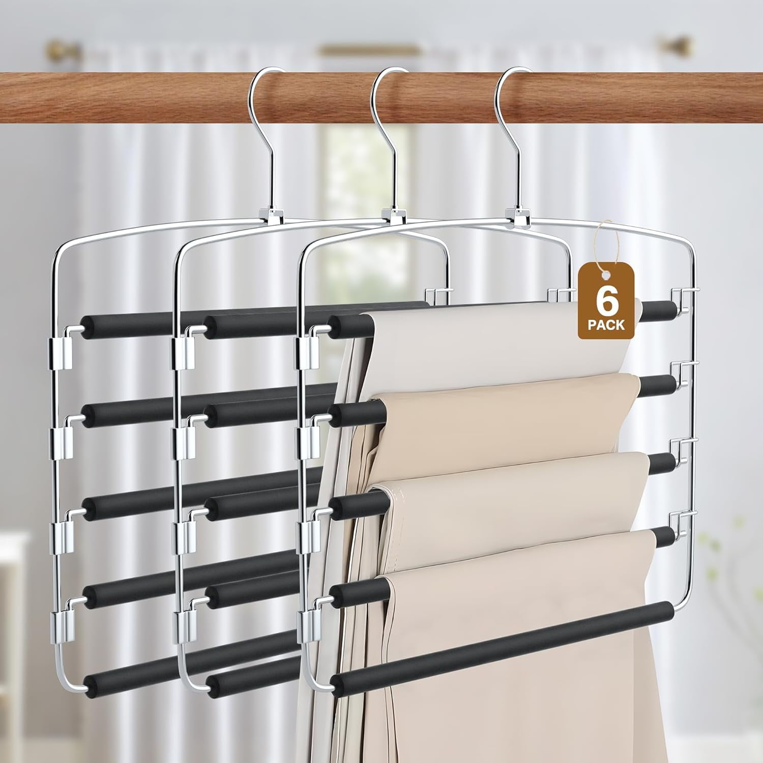 Pants Hangers, 6 Pack Anti-Slip Space Saving Hangers, 5 Layer Swing Arm ...