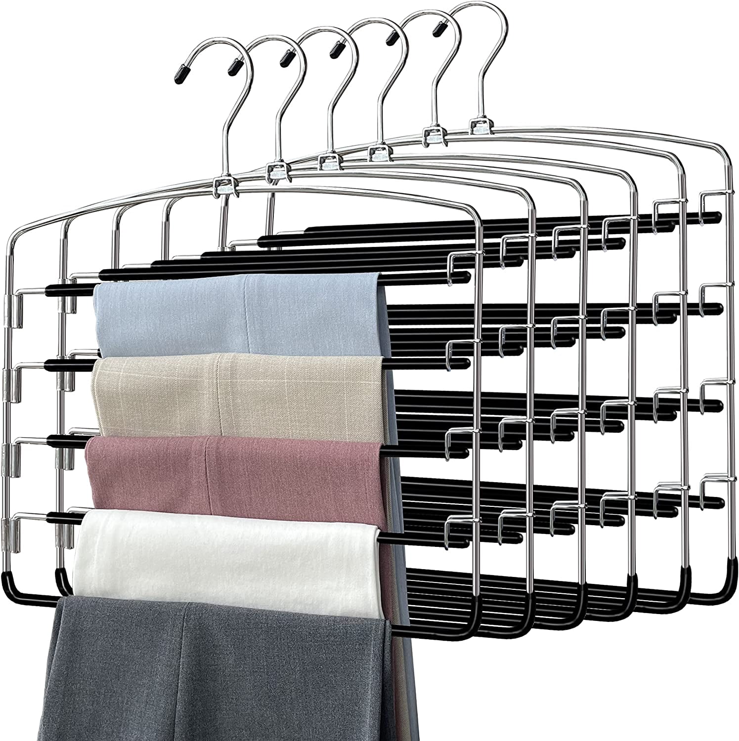 Pants Hangers 6 Pieces,5 Tier Closet Organizers and Storage Clothes ...