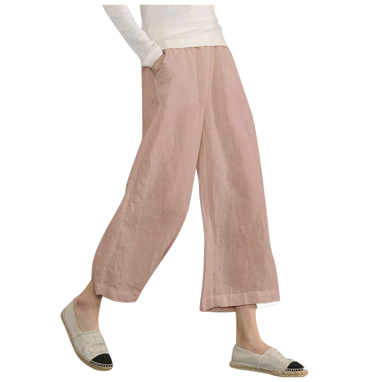 Pants Pull On for Women Casual Pant Capri Loose Elastic Waist Wide Leg ...