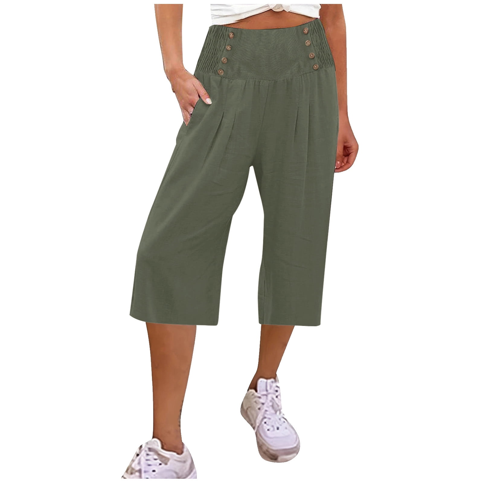 Pants for Women Casual Summer Trousers Capri Wide Leg Straight Leg Elastic Waisted Solid Color ...
