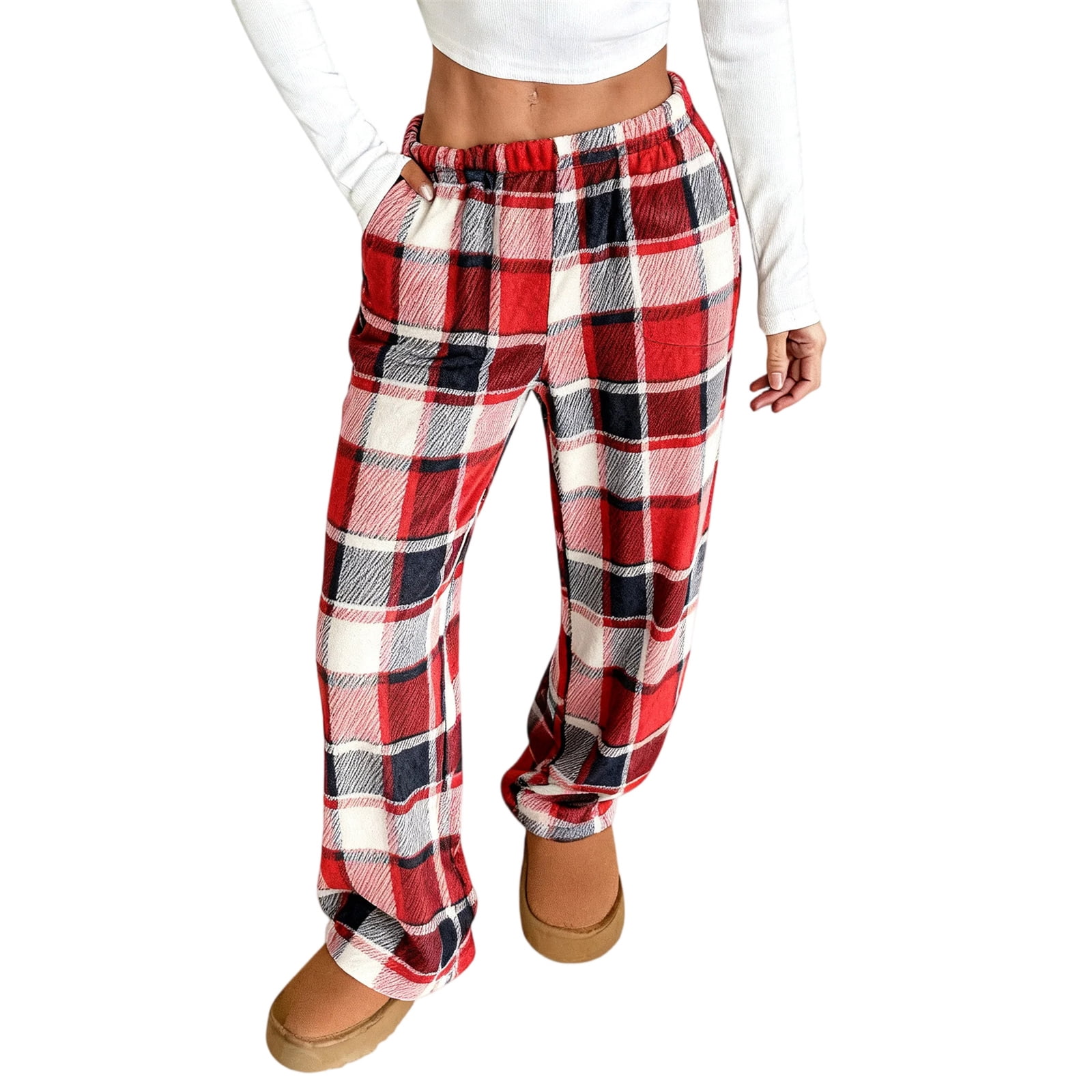 Pants Women Fuzzy Pajama Pants Y2k Plaid Pants High Waisted Fluffy ...