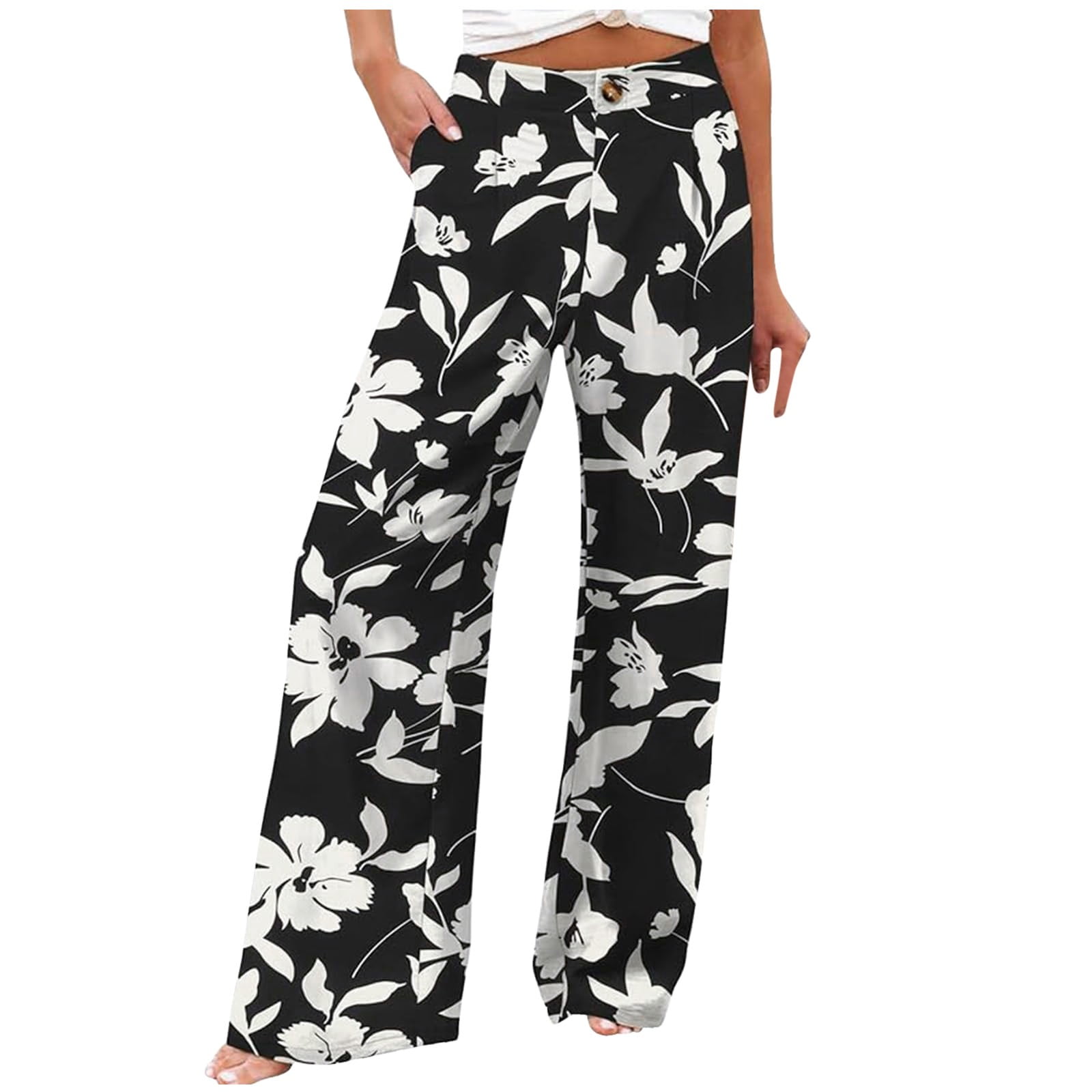 Pants Womens Casual Trousers Summer Button High Waisted Wide Leg ...