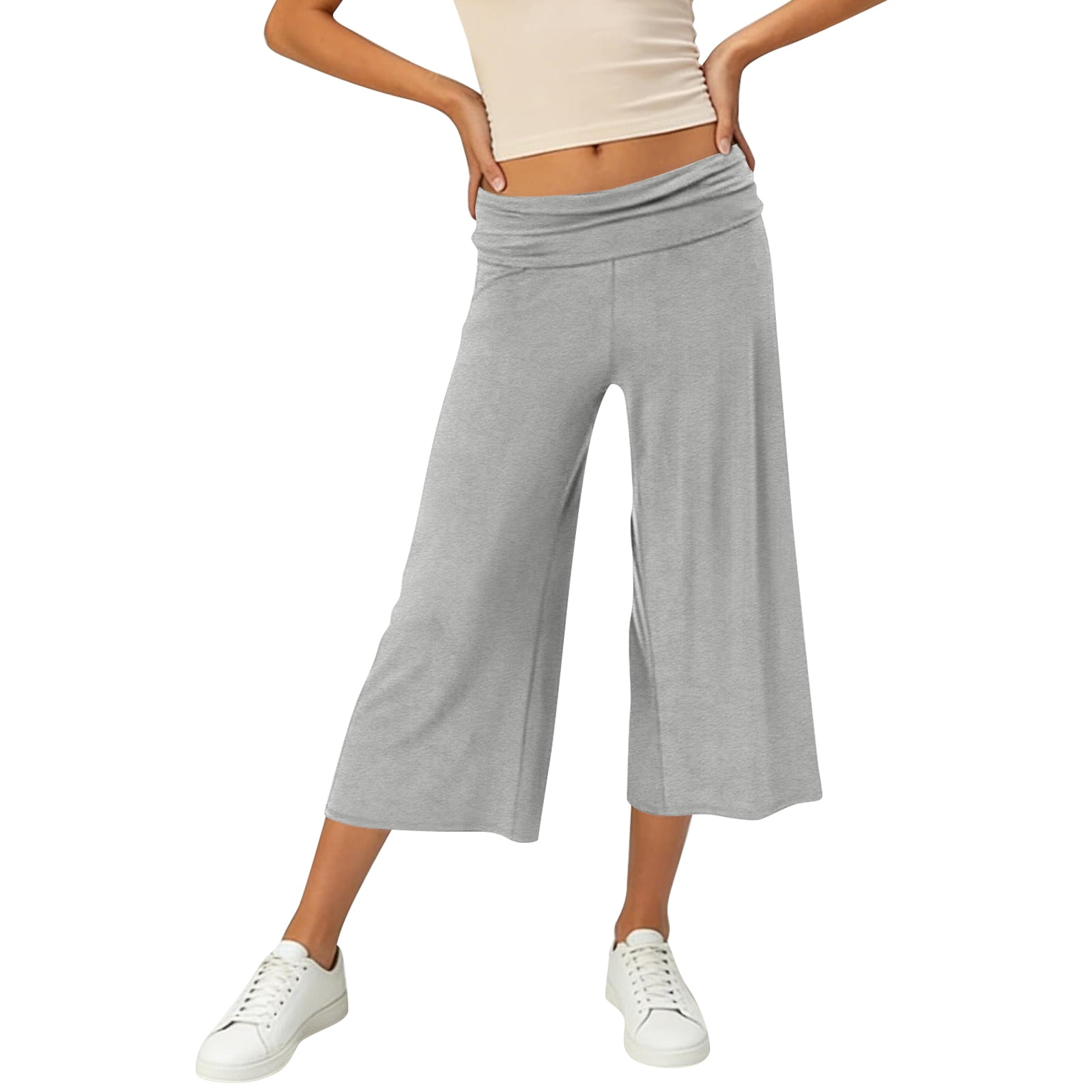 Pants for Women Fold Over Capri Low Rise Stretch Wide Leg Pants for ...