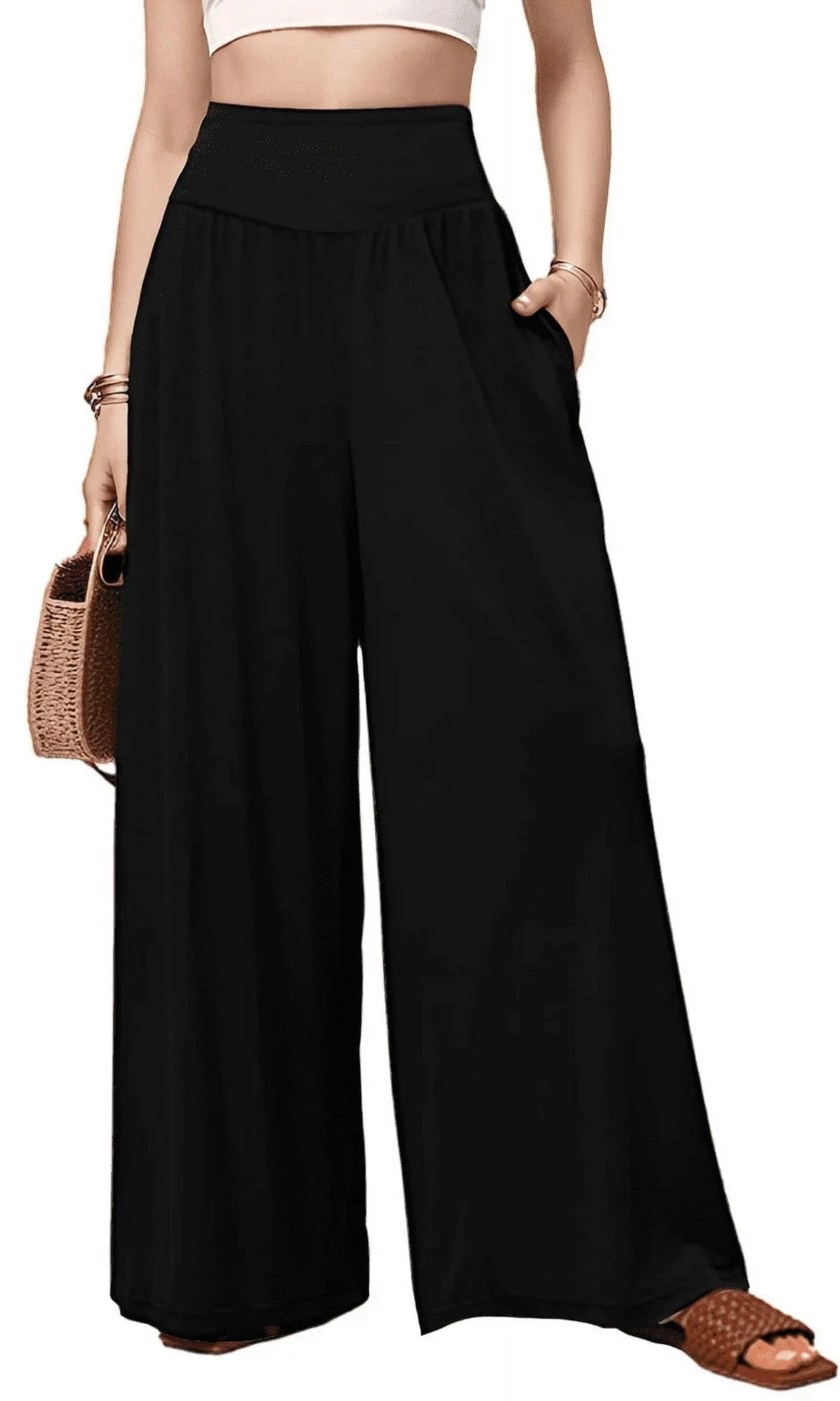 MLDRA Pants For Women Wide Leg Flowy Dressy Casual Pants Elastic High ...