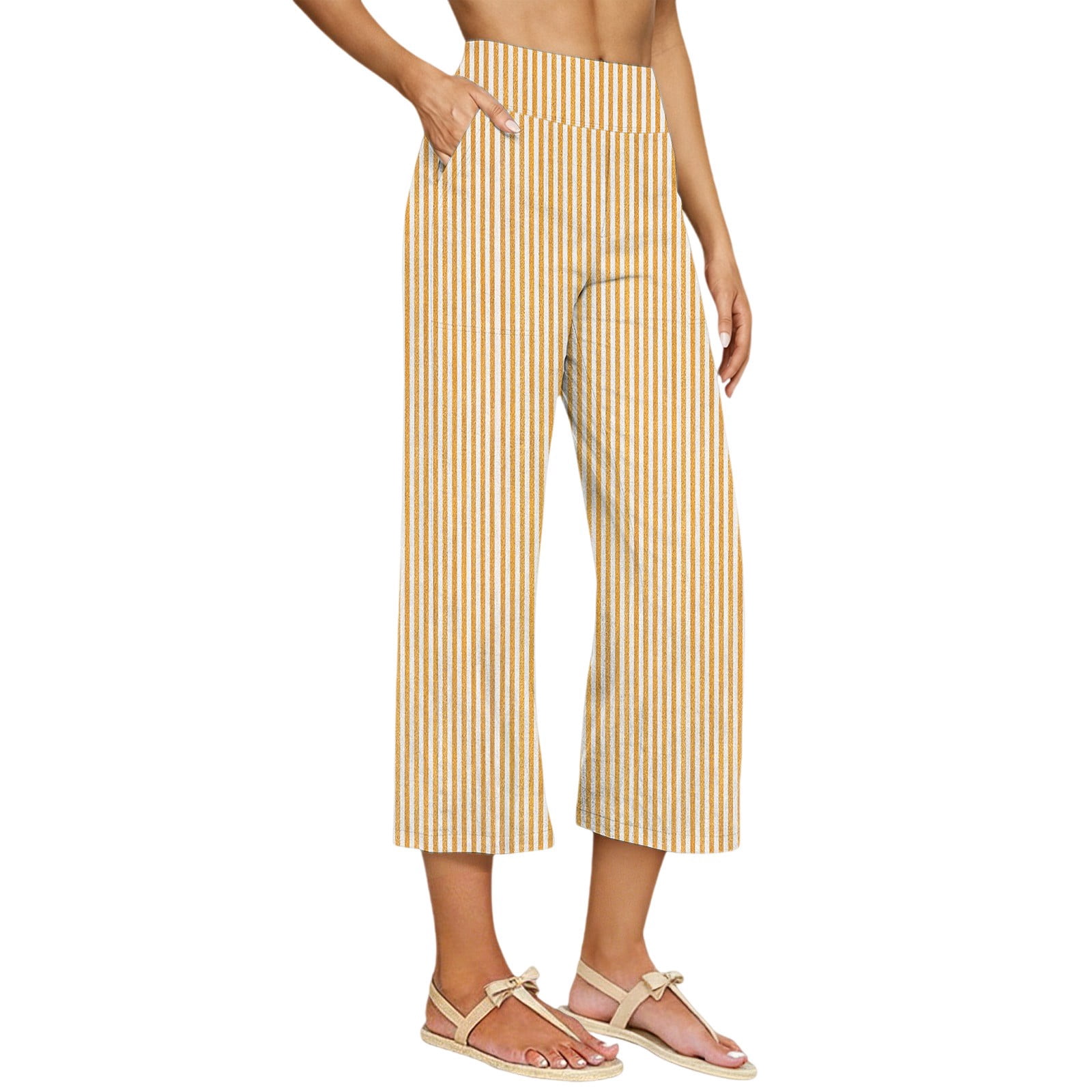 Pants for Women Work Cotton Linen Button Up High Waisted Straight ...