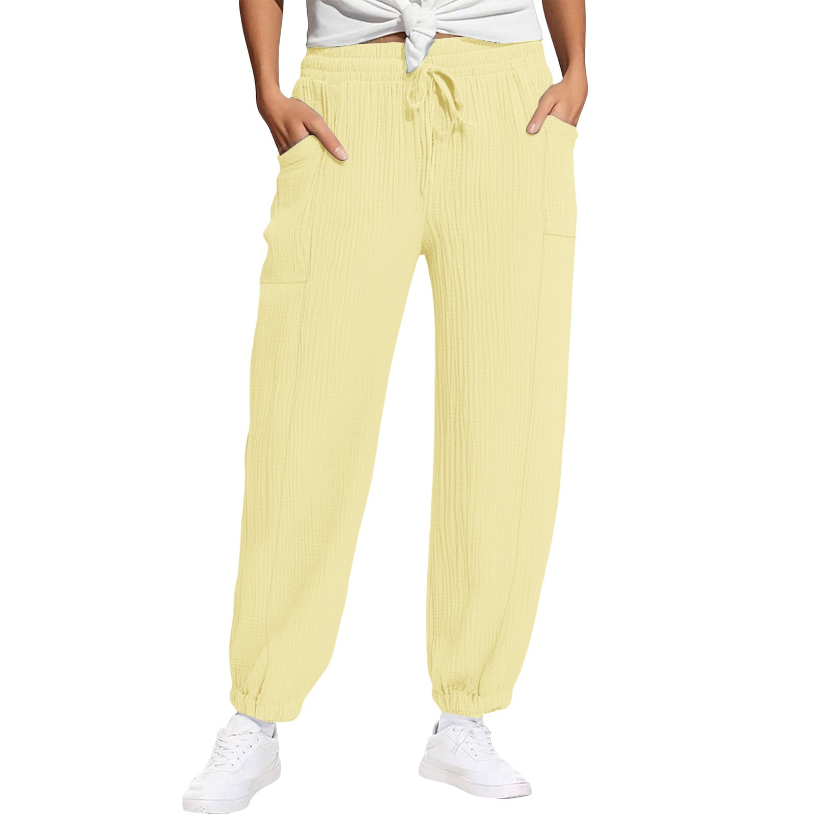 Pants for Women Work Fashion Striped Printed Side Elastic Waist Ninth ...