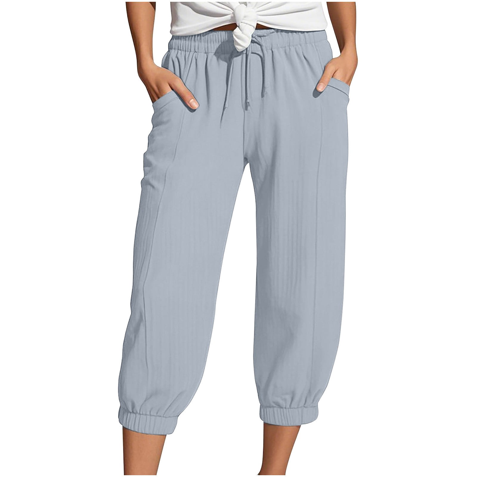 Pants for Women Work Fashion Striped Printed Side Elastic Waist Ninth ...