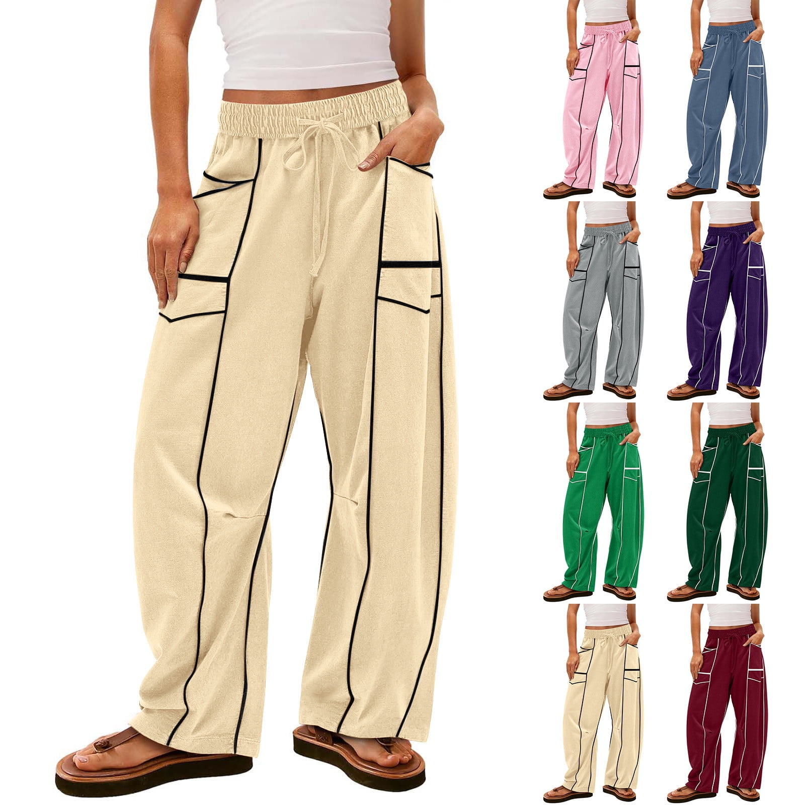 Pants for Women with Pockets Plus Size Women'S Solid Color Baggy Wide ...