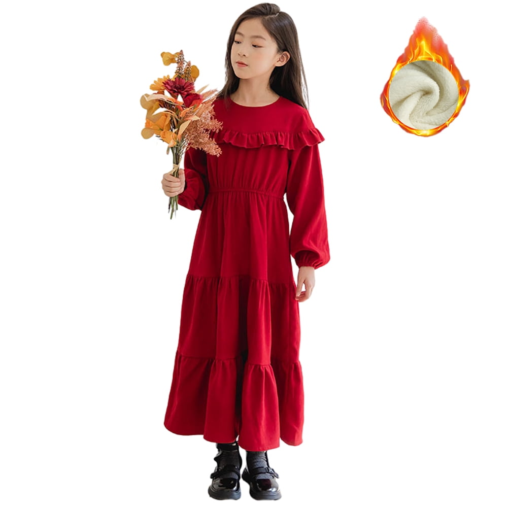 Paokuoon Kids Girls Dress 5-14 Years Fleece Corduroy Casual A-Line Long ...