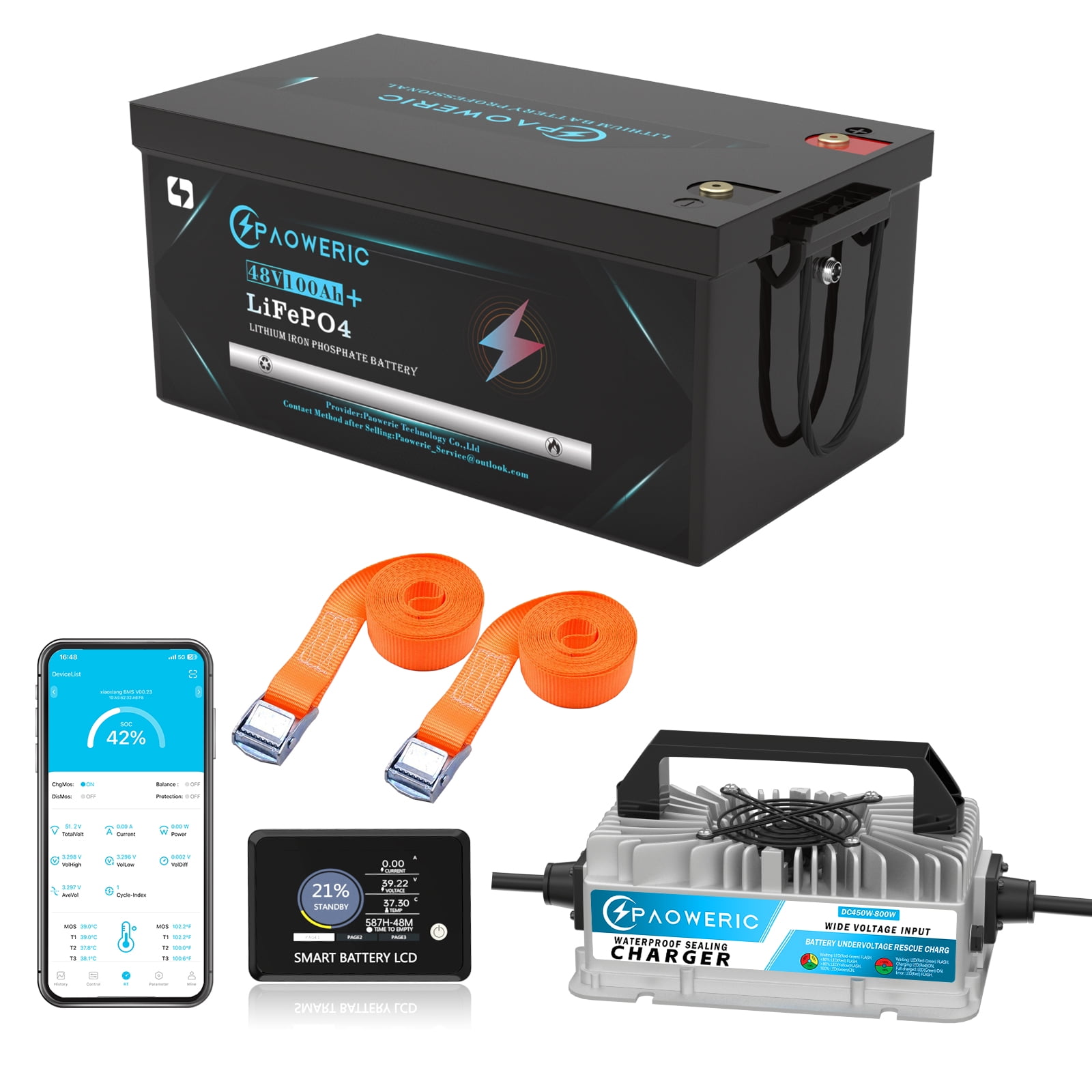 Paoweric 48V 100Ah LiFePO4 Lithium Golf Cart Battery with Charger, Perfect for Golf Cart ...