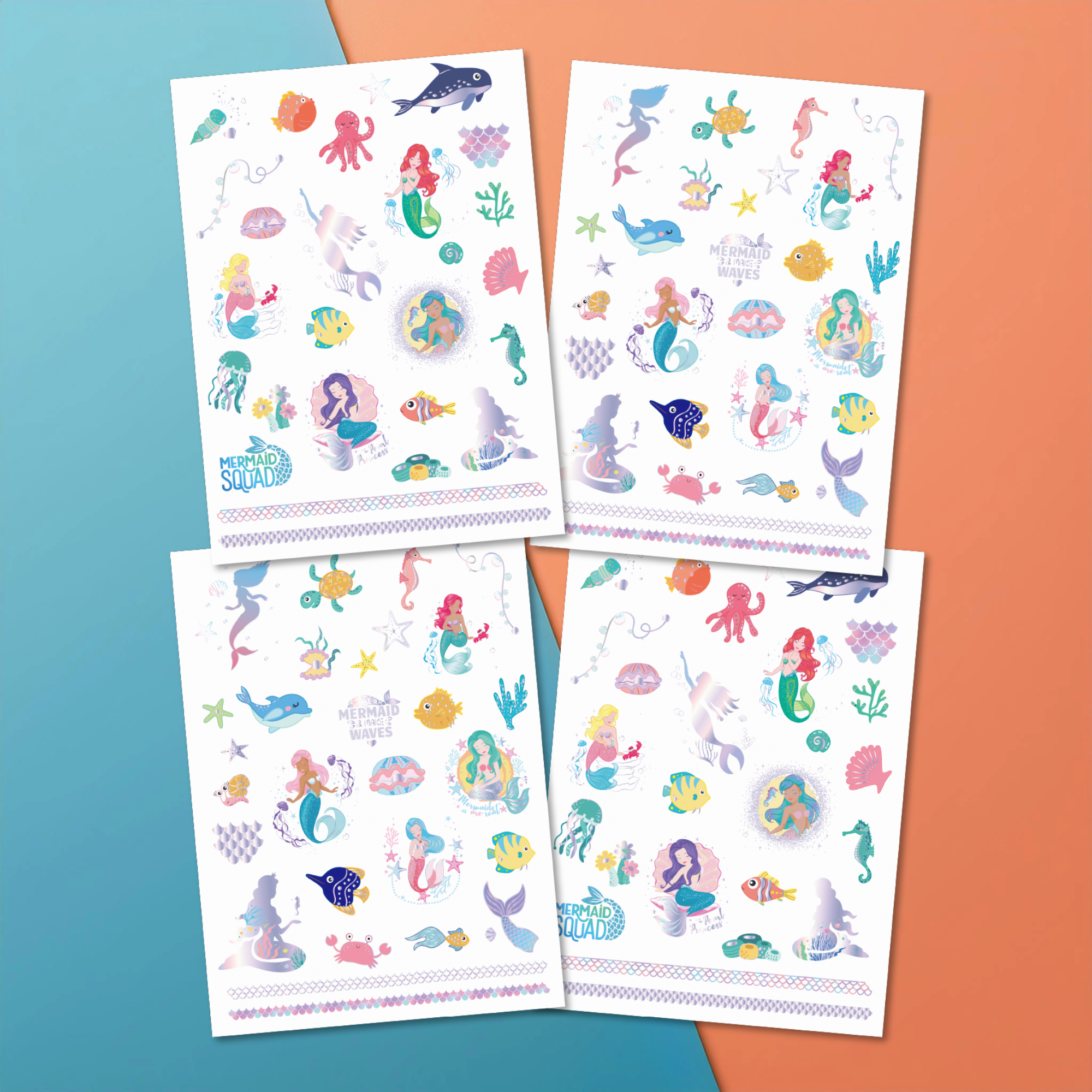 PapaKit Under the Sea Mermaids Temporary Fake Tattoo Set, 4 Sheets 54 ...