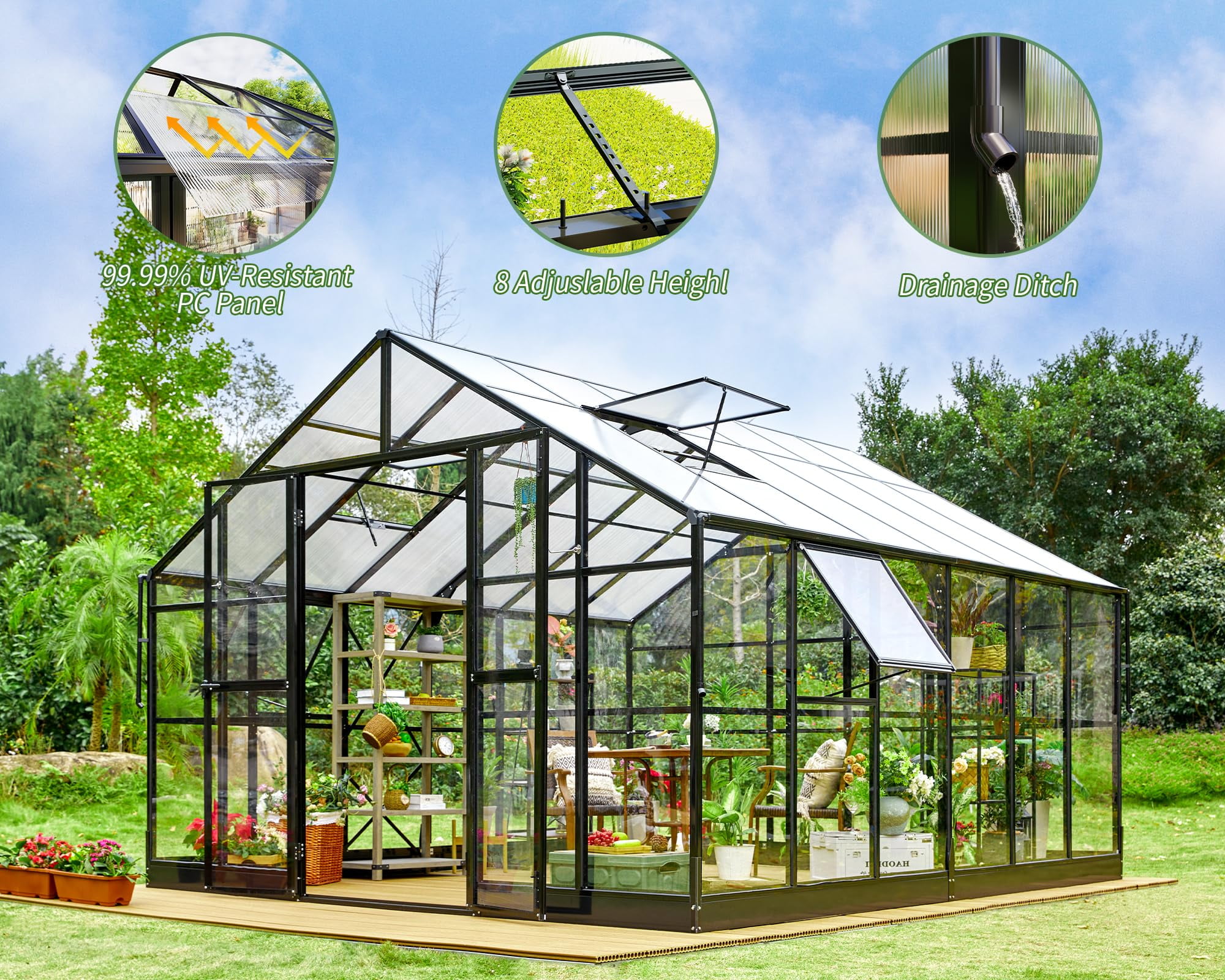 Papababe 12x13.5x9 ft Hybrid Polycarbonate Greenhouse with Quick ...