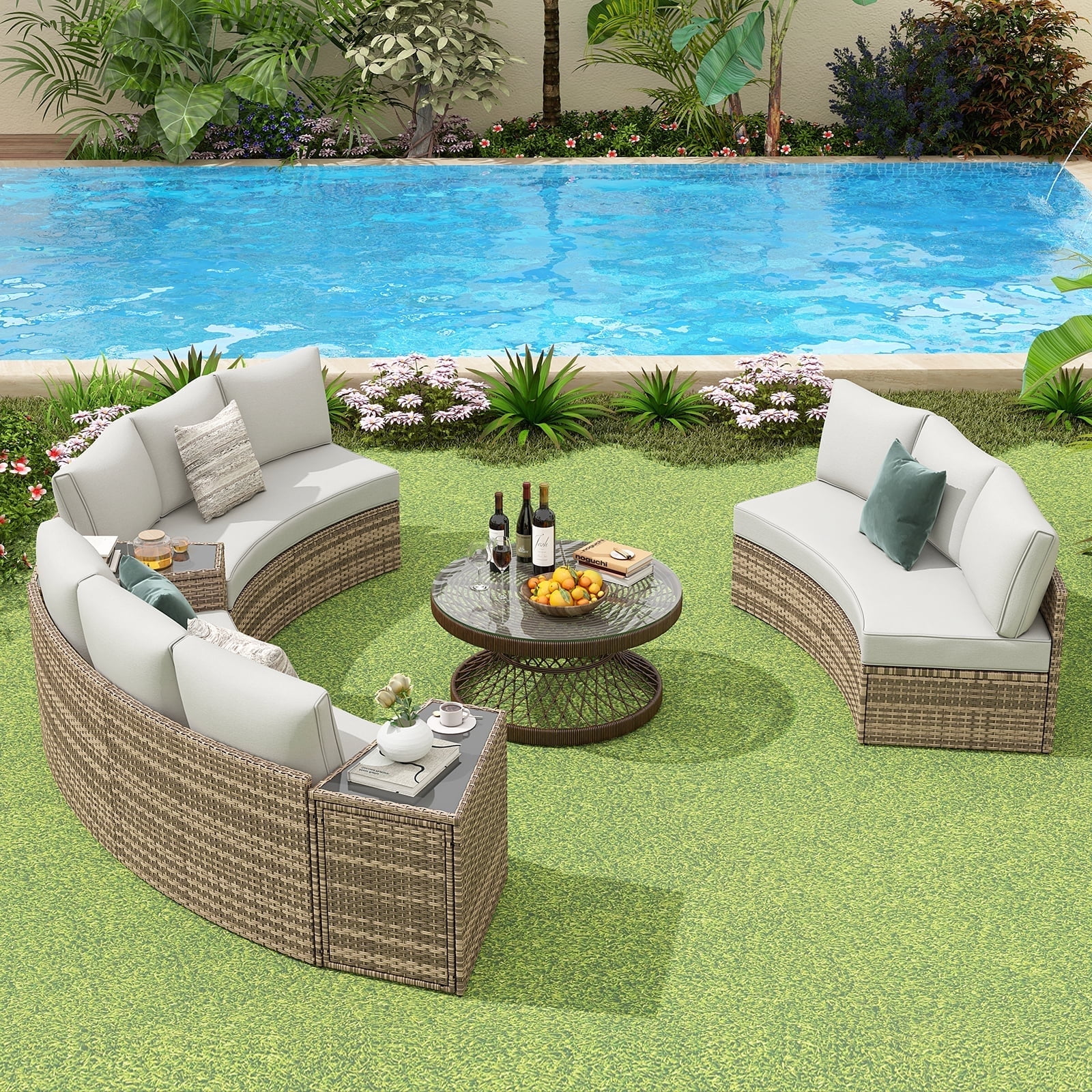 Papababe 9-Seat Half-Moon Patio Set with Storage Side Table ...