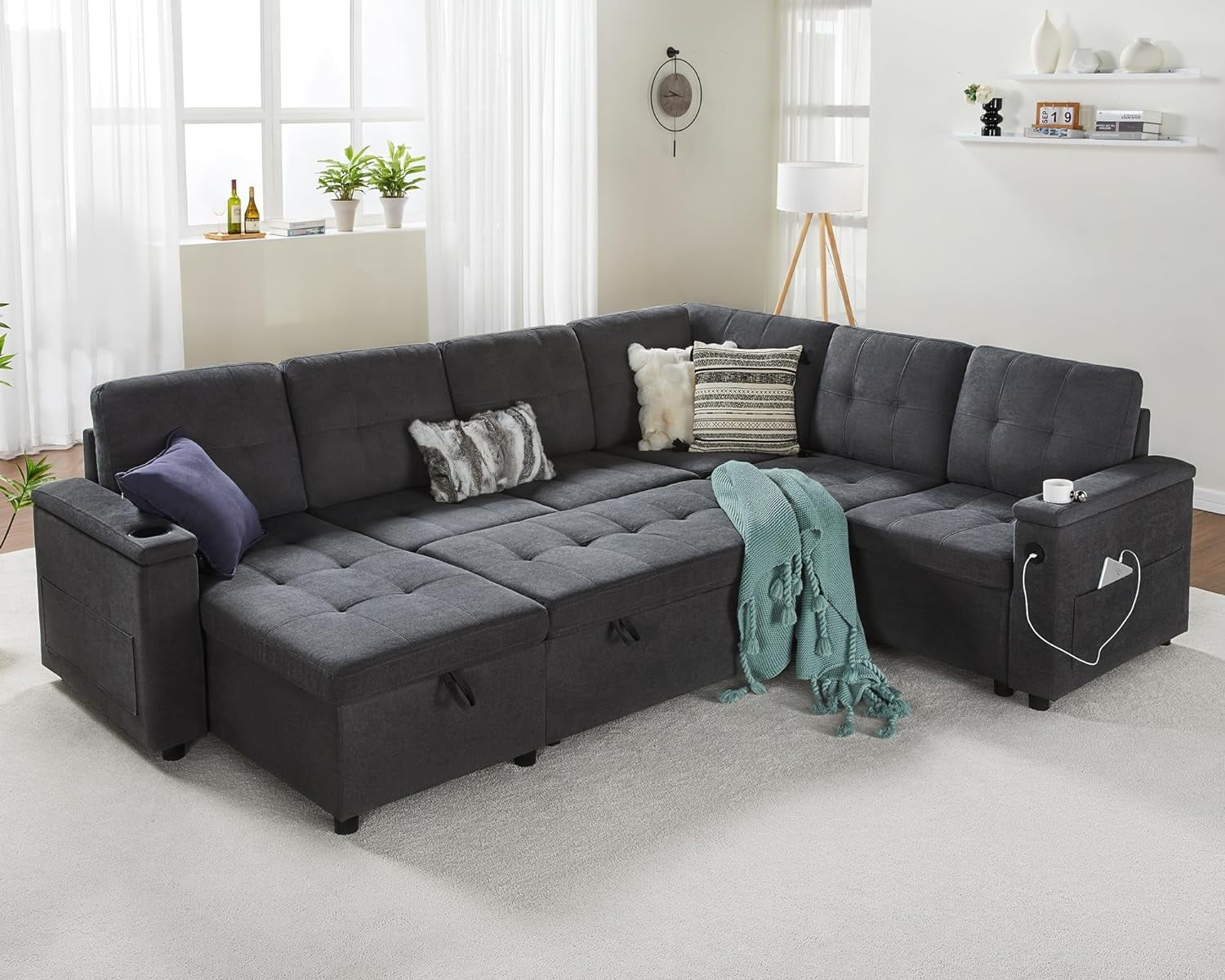 "Papajet Multifunctional 110"" Convertible Sofa with Pull Out Bed, USB ...