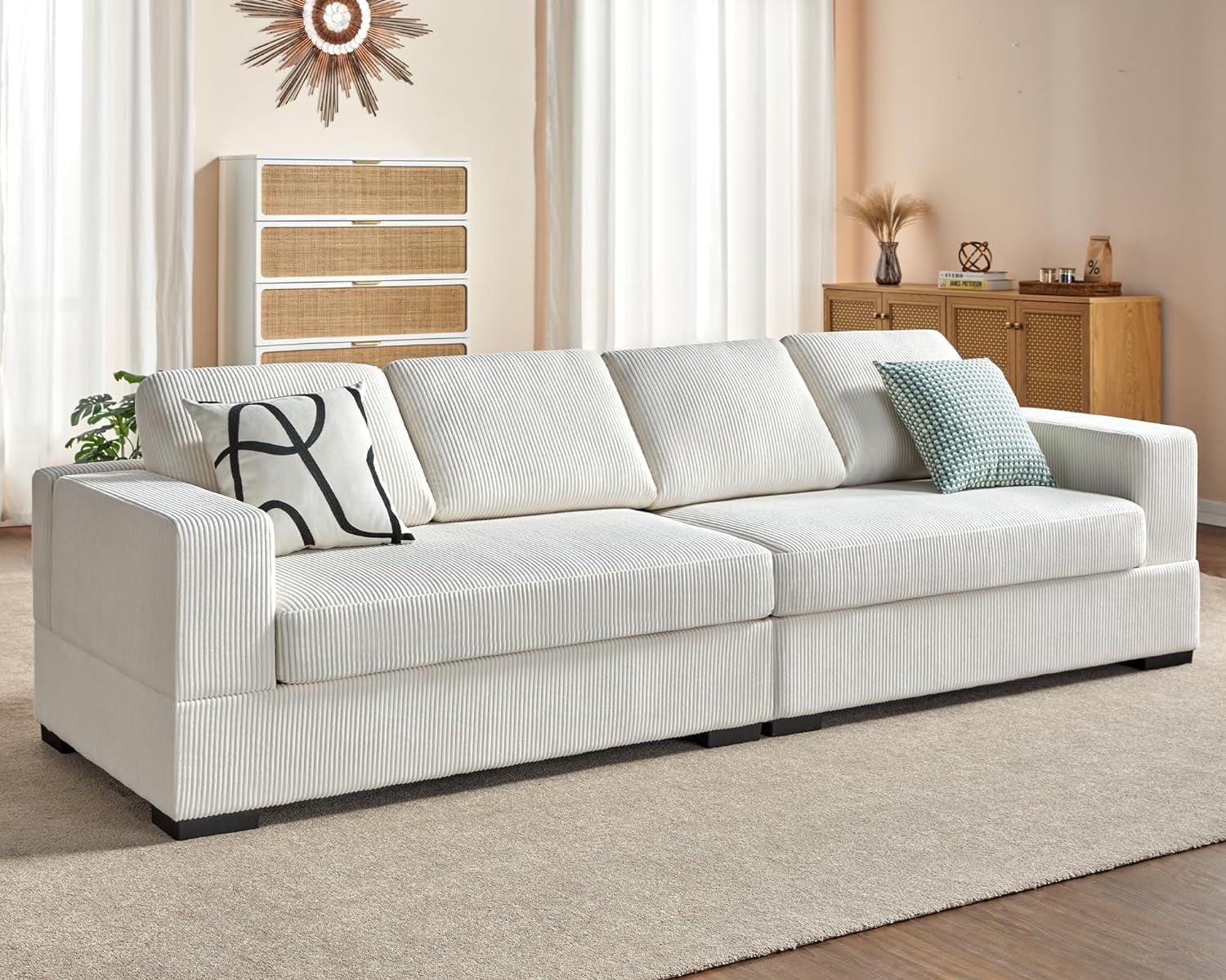 Merluxy 112 inch Couch, Oversized Sofa- Deep Seat Sofa in Beige Corduroy, Comfy Sofa for Living ...