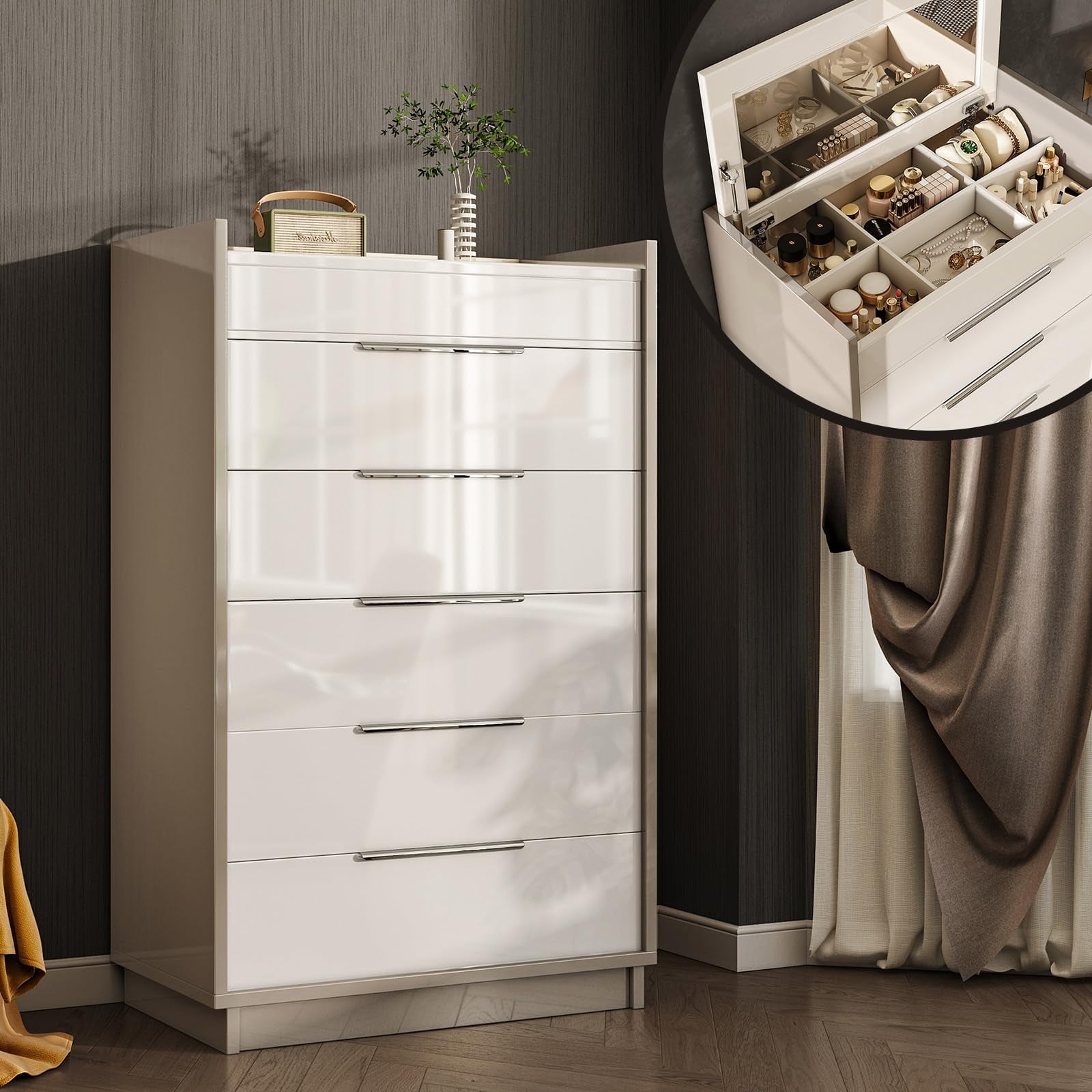 Papajet 50.2" H 5 Drawer Dresser with Built-in Mirror & Glass Tableop ...