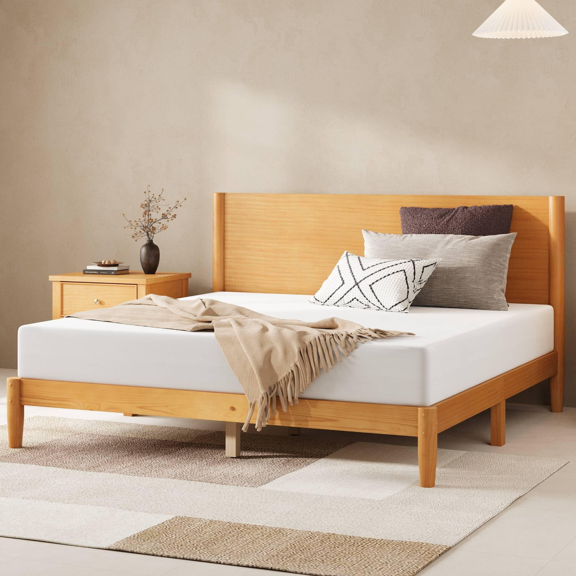 Papajet Solid Wood Queen Size Bed Frame, Mid Century Modern Bed with ...