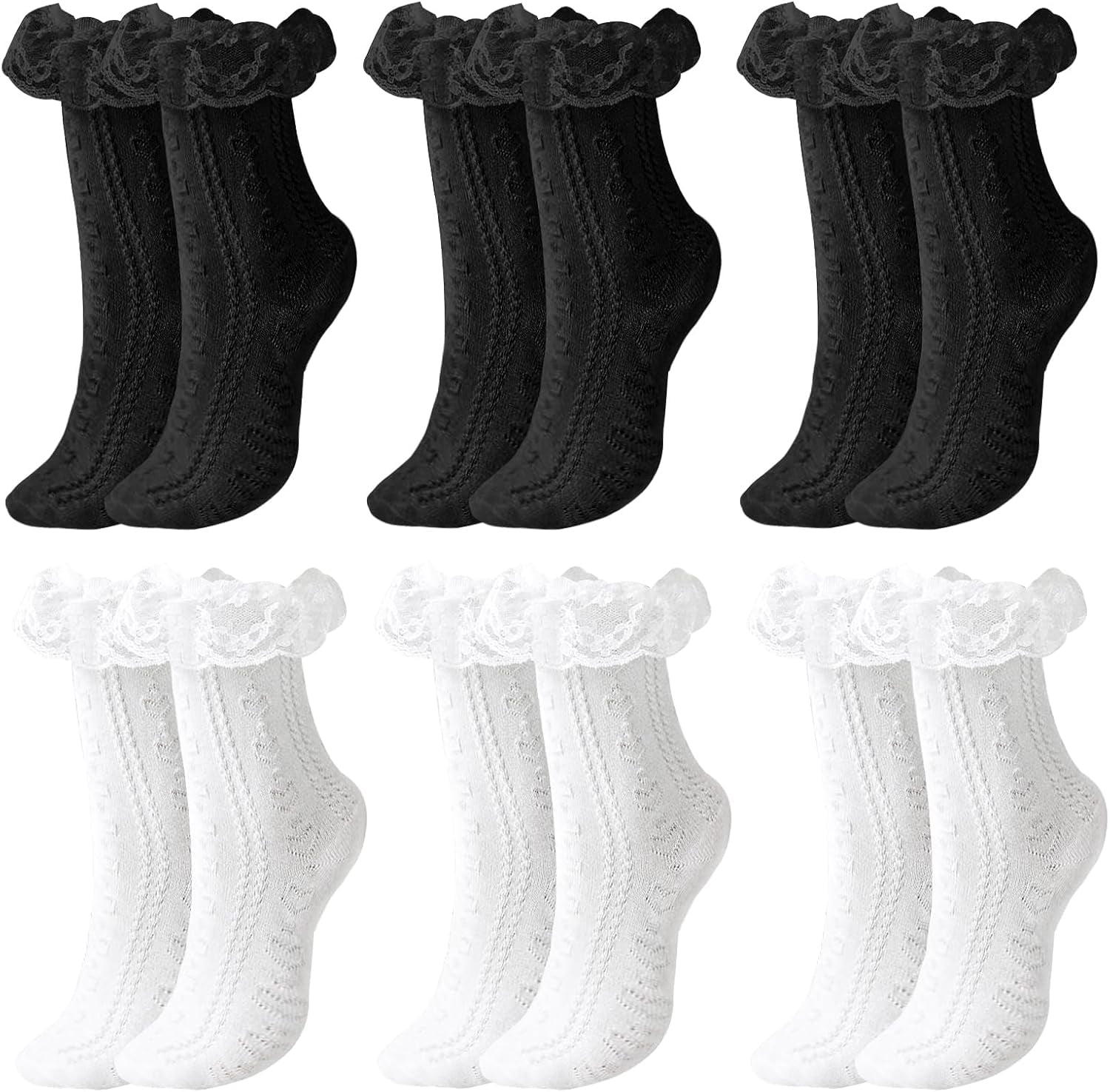 Papapt 6 Pairs Womens Lace Ruffle Frilly Socks Crew Socks Cotton Cute ...