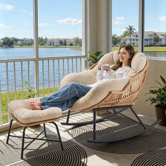Papasan Rocking Chair with Ottoman,Oversized Papasan Chair with Padded ...