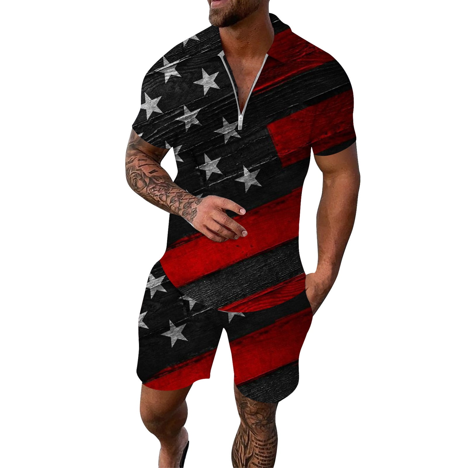 Papeey Mens Shirt And Short Sets Tropical Quarter Zip Two Piece Black