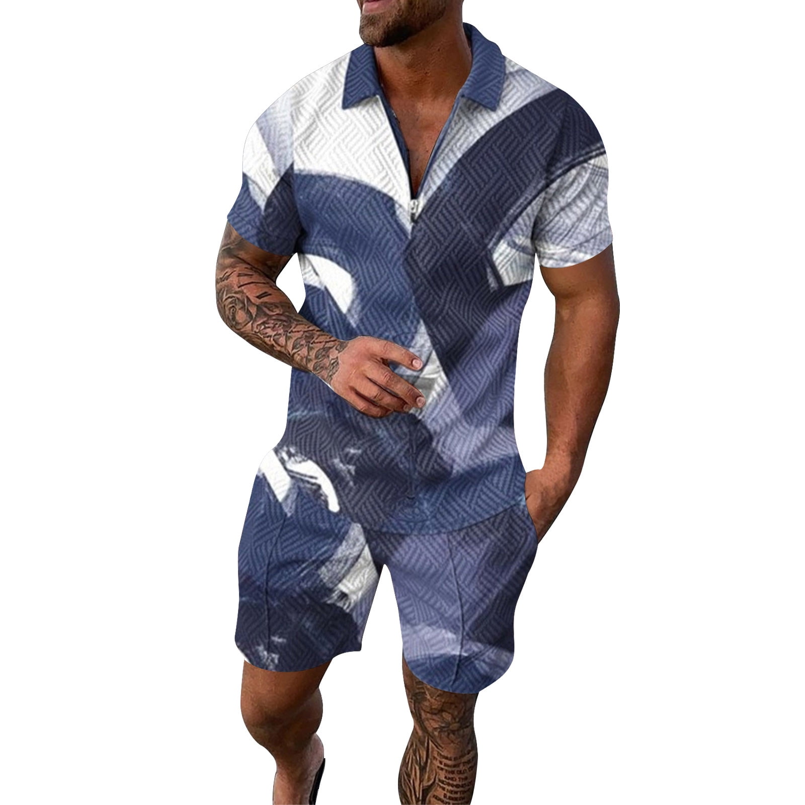 Papeey Mens Short Sets 2 Piece Outfits Beach Tropical Black Zip Sets