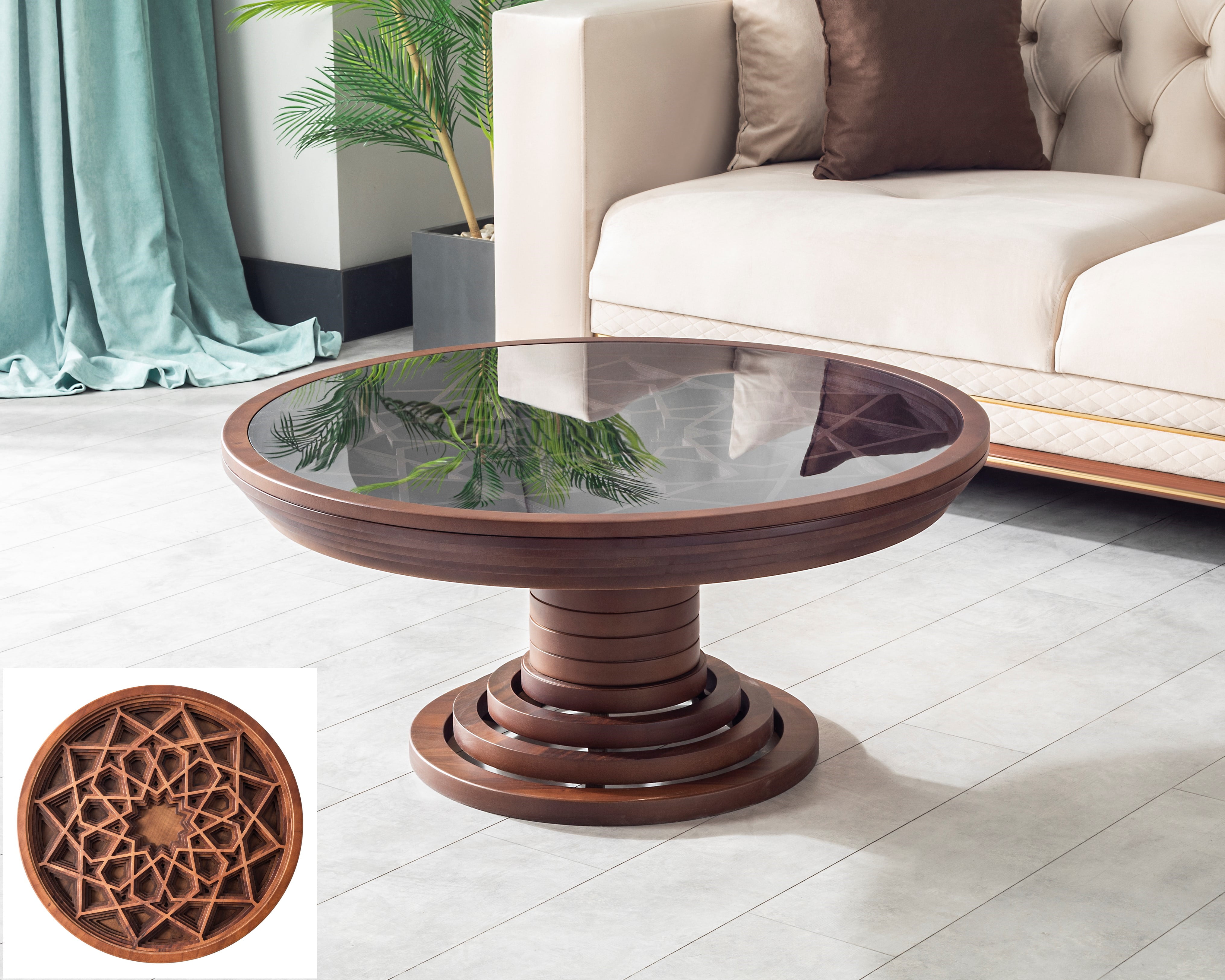 Papella Model Atlas Brown Wooden Coffee Table with Glass Rustic Table ...