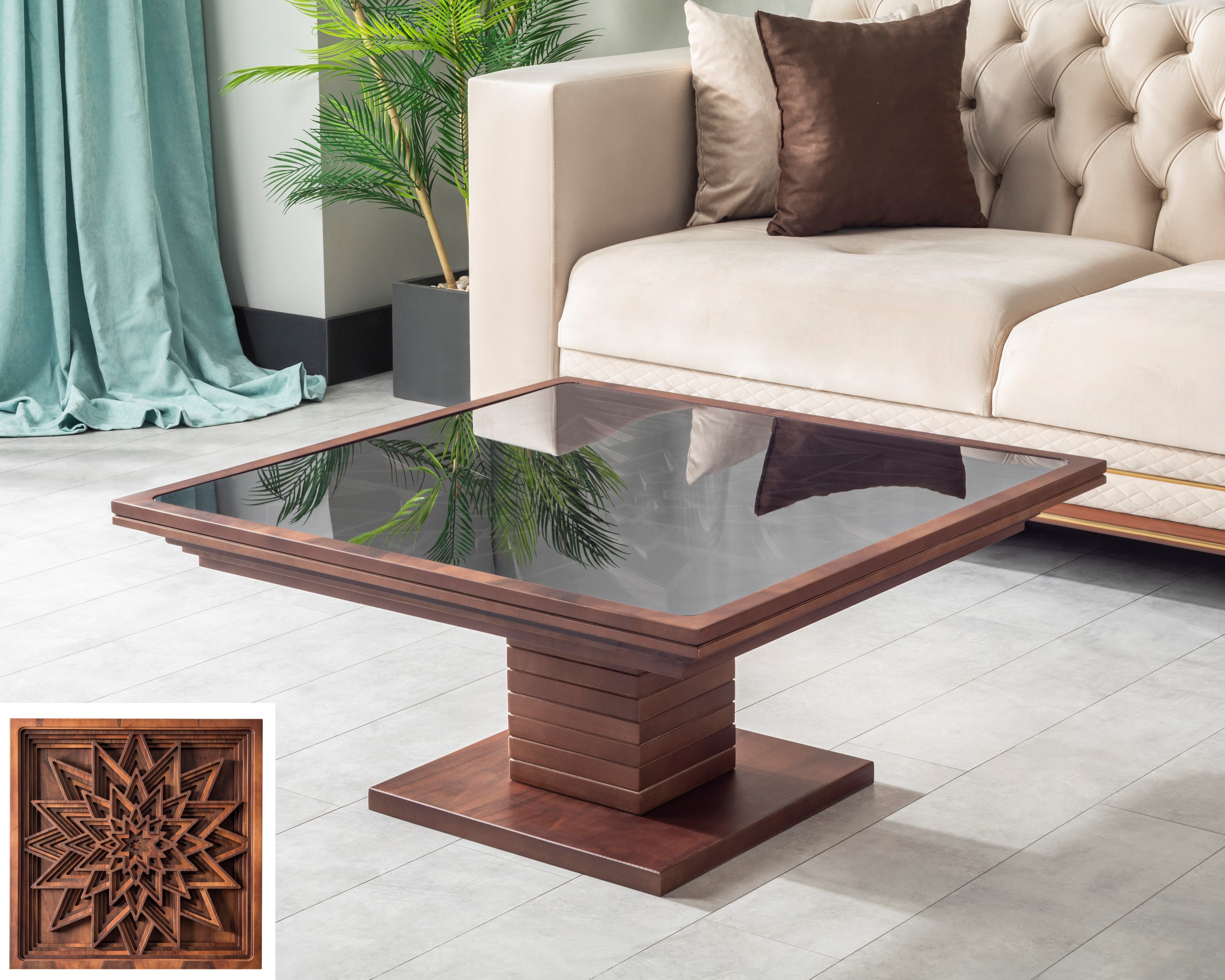 Papella Model Lilium Brown Wooden Coffee Table with Glass Rustic Table ...