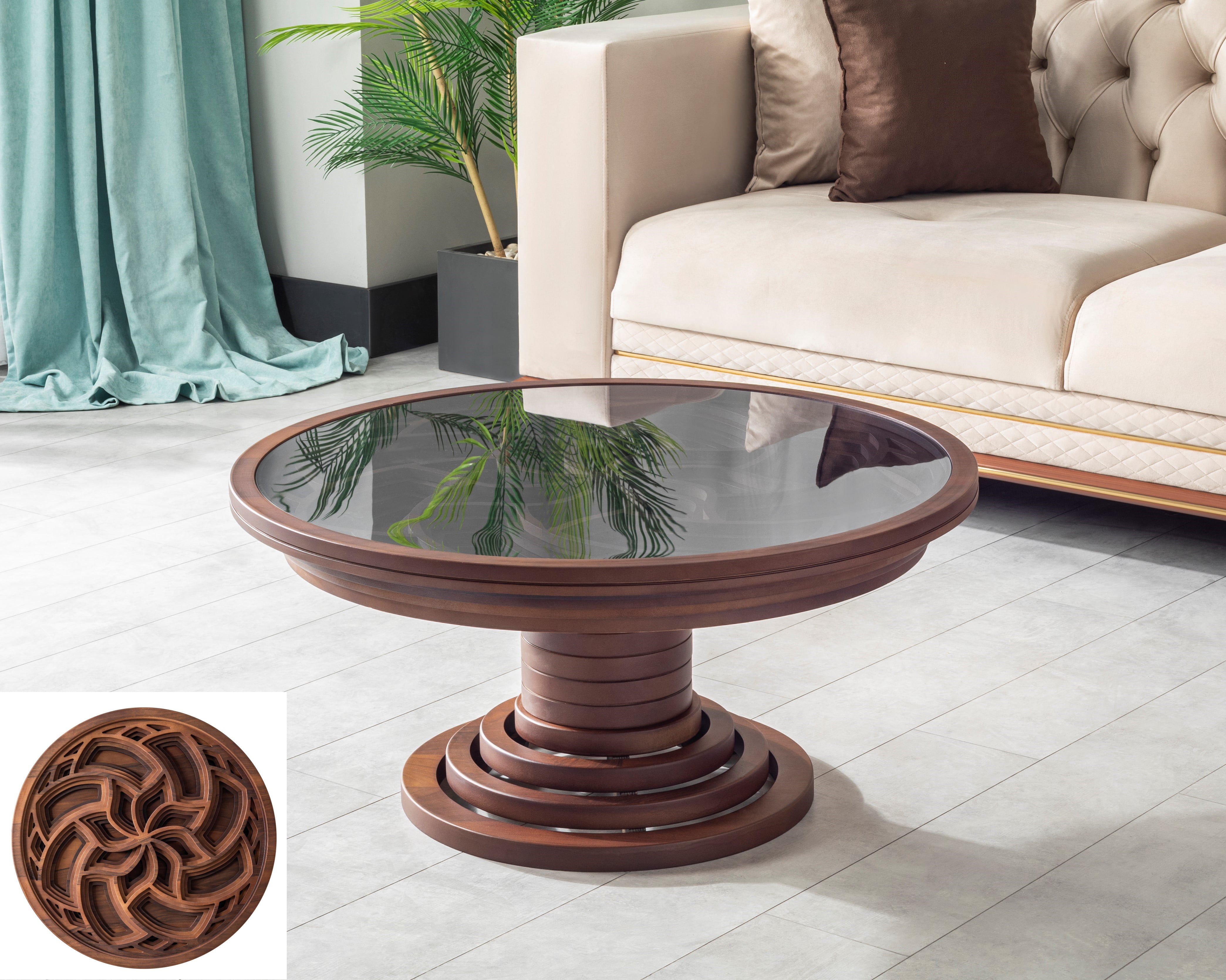 Papella Model Tugra Brown Wooden Coffee Table with Glass Rustic Table ...