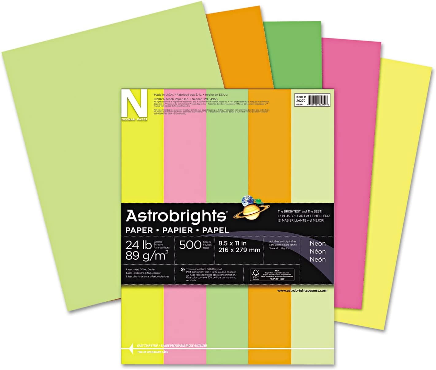Paper 20270 Color Paper - "Neon" Assortment, 24lb, 8 1/2 x 11, 5 Colors ...