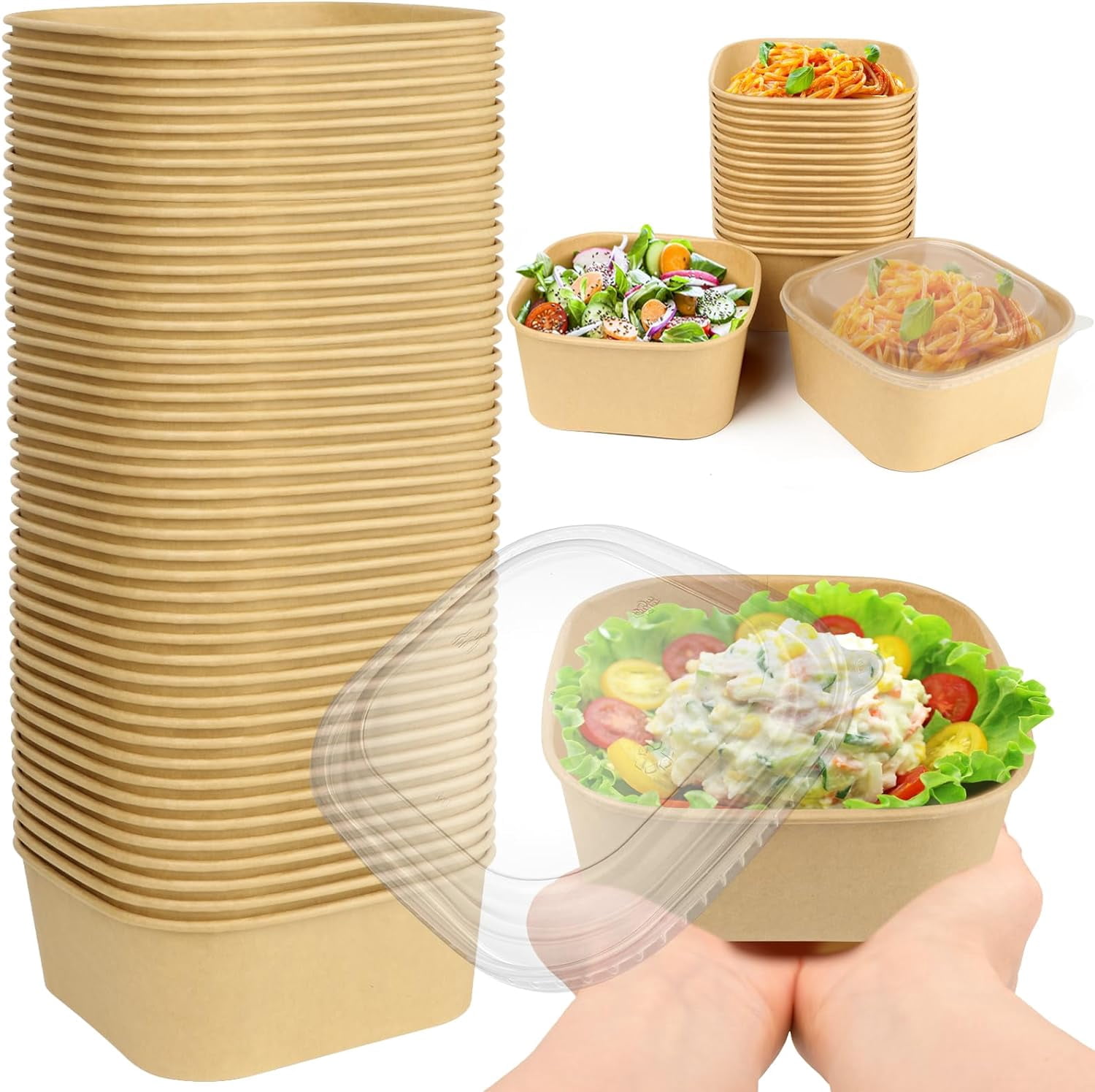 Paper Bowls with Clear Lids, Disposable Kraft Paper Bowl, Square Shape ...