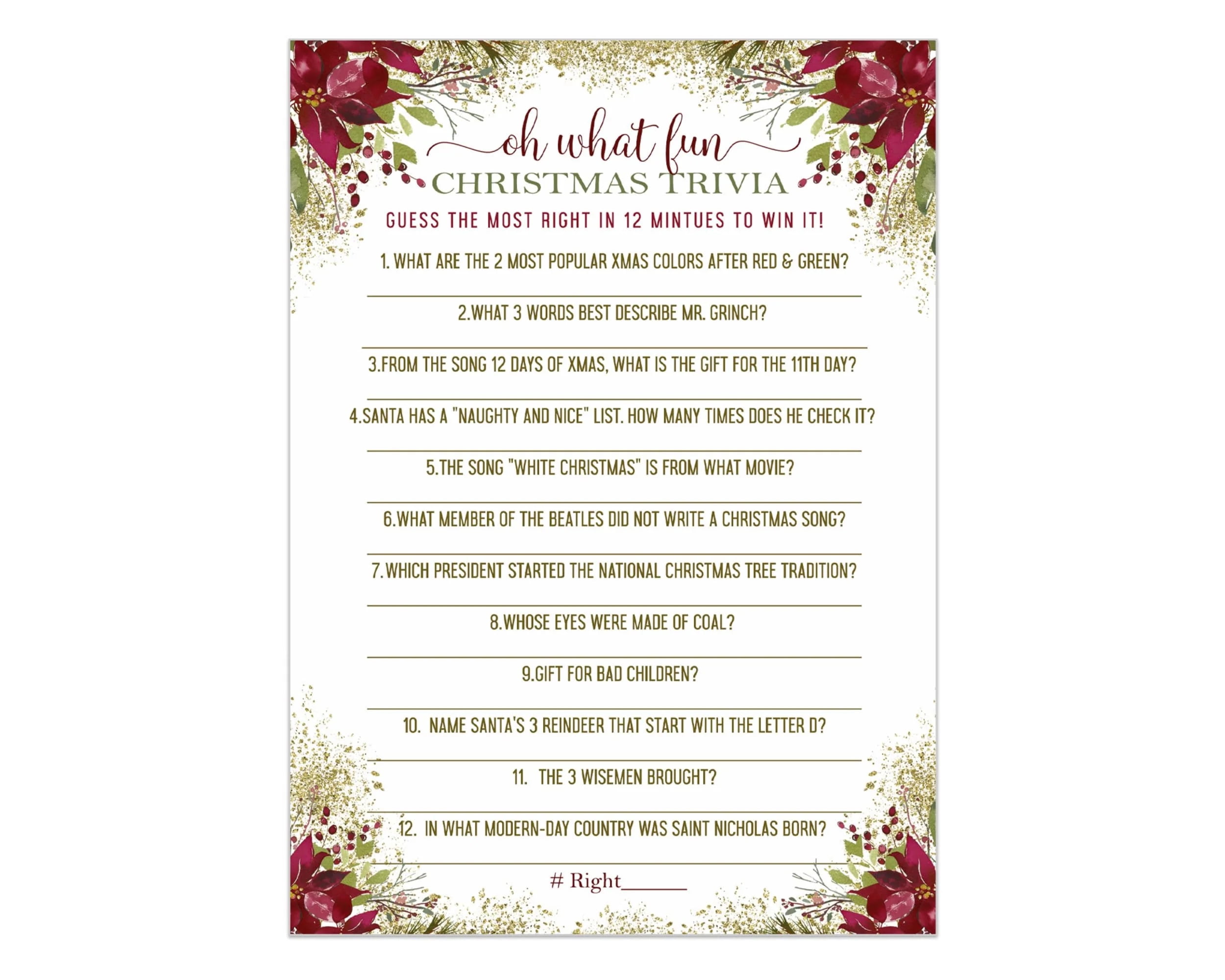 Paper Clever Party Rustic Christmas Trivia Game Cards, Red and Gold ...