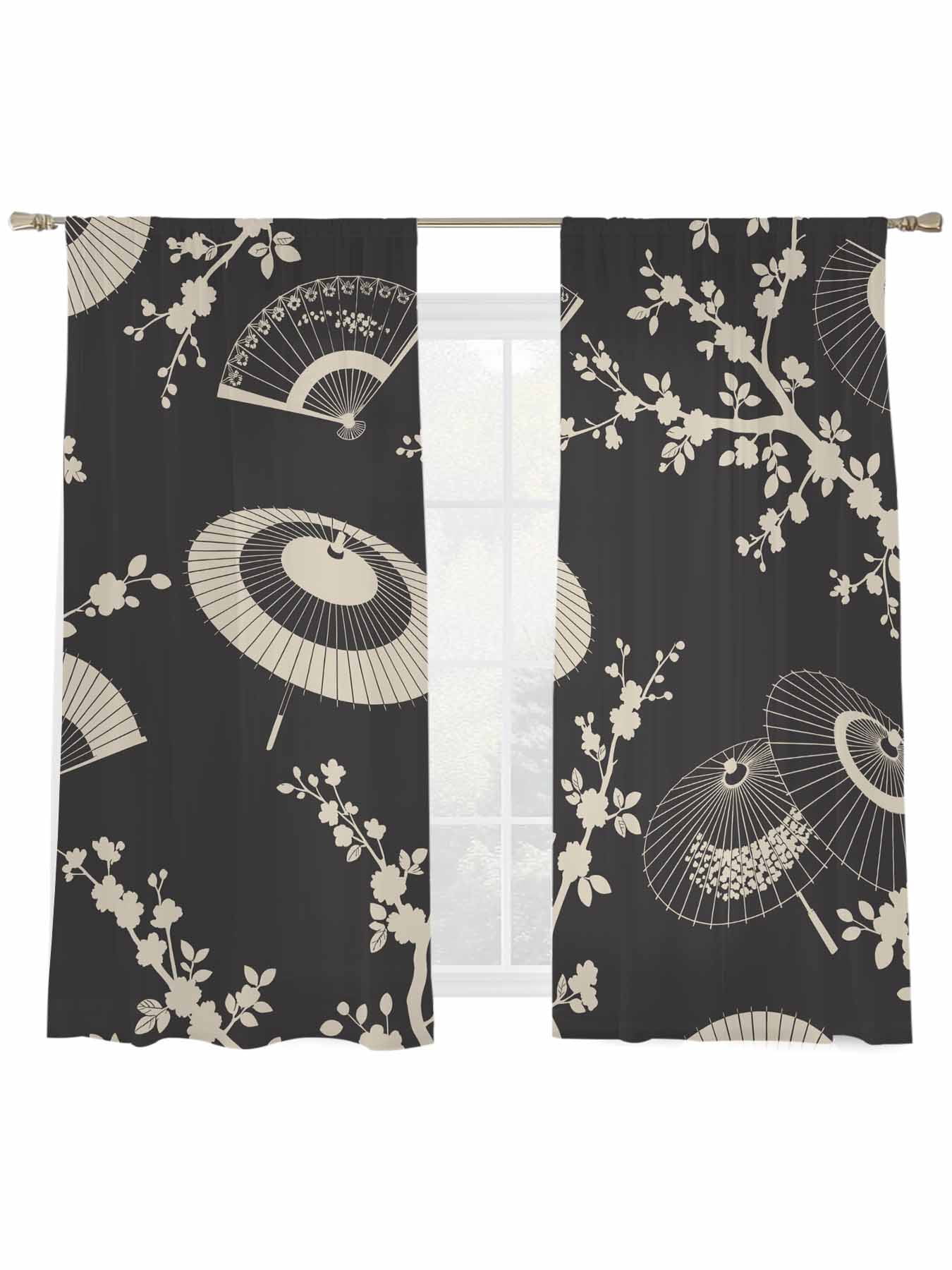 Paper Fan Sheer Curtains 2 Panels Set Cherry Blossom Branch Japanese ...