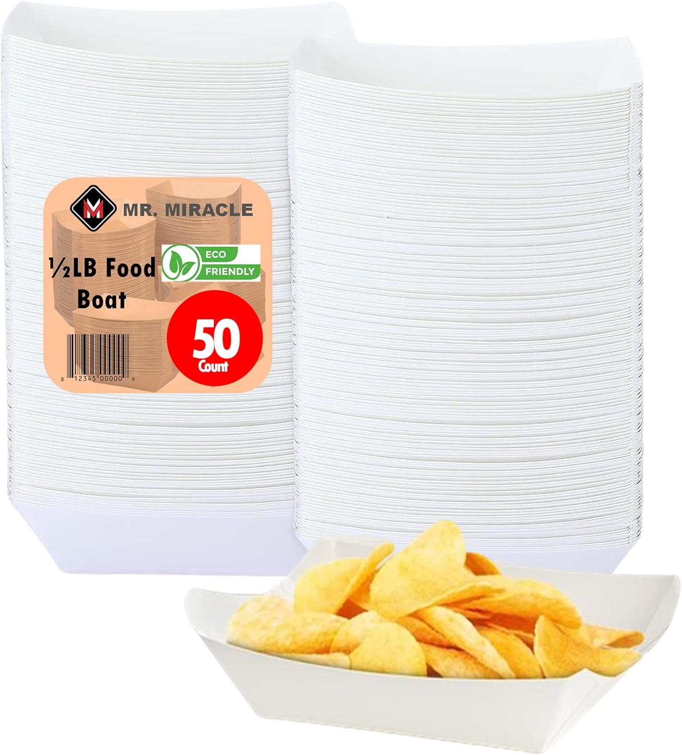 Paper Food Trays, Plain White Boats. Small (1/2Lb). 50 Pack, Disposable ...